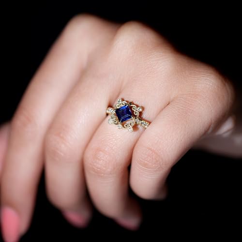 Rosec Jewels Certified Lab Grown Blue Sapphire Diamond Vintage Ring, 5 MM Sapphire Princess Cut Engagement Ring, AAAA Quality, 14K Yellow Gold, Size:US 7.50