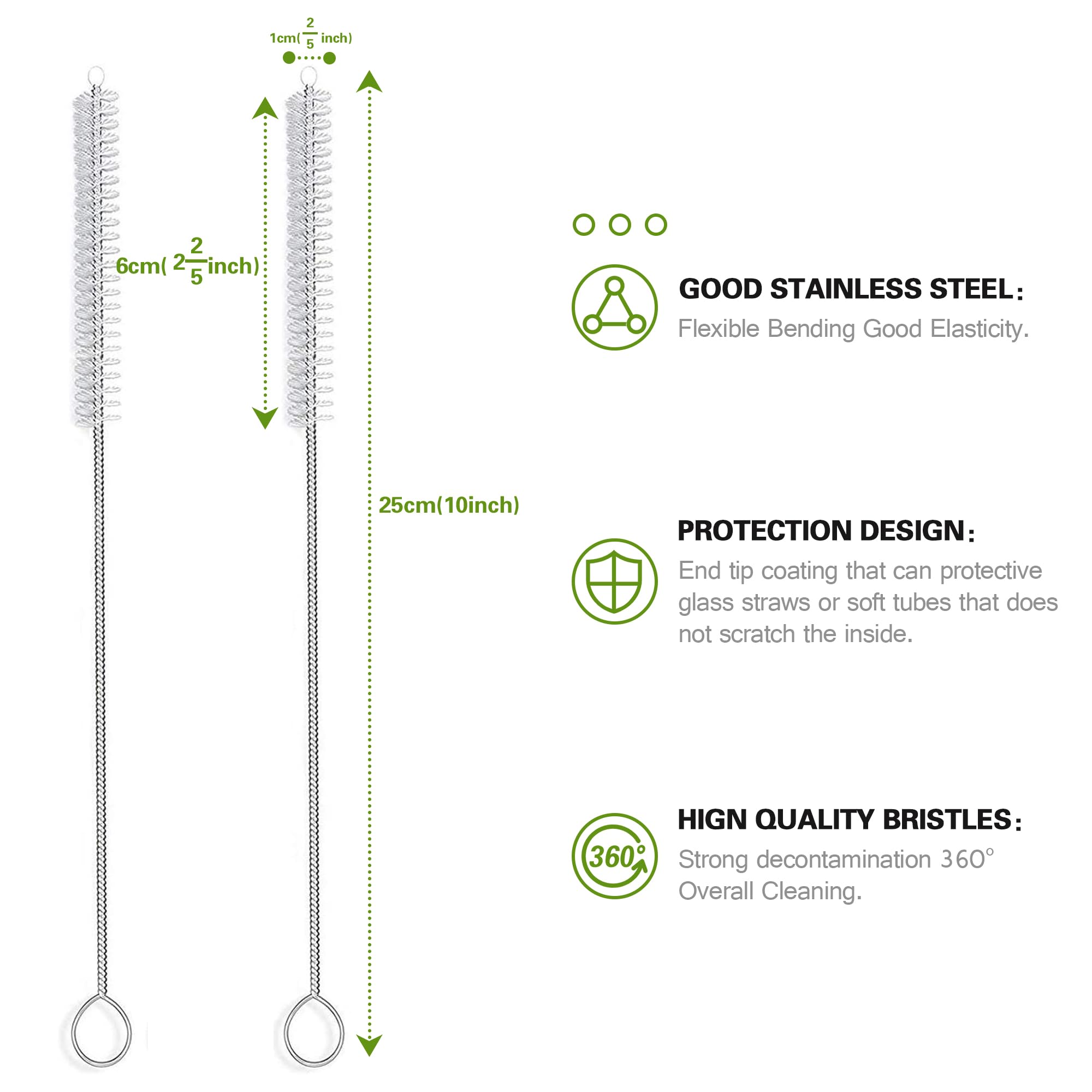 Straw Cleaner Brush Set, 10 Pieces 10 Inch Stainless Steel Handle Straw Brush Set, Extra Long Straw Brush for Tumbler, Sippy Cup, Water Bottle and Tubes (10inch)
