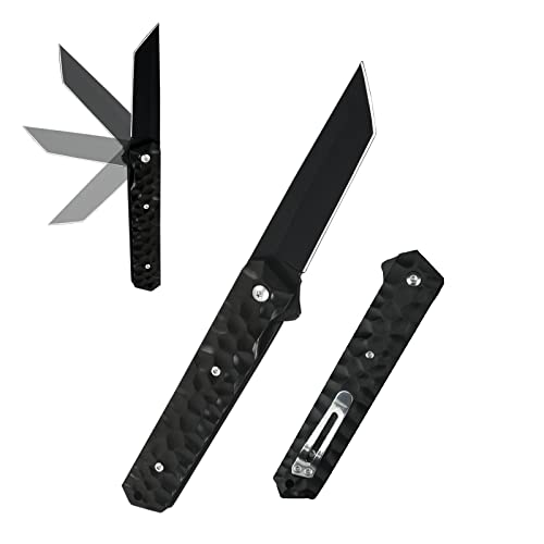 Tanto Pocket Knife, EDC Folding Hunting Knife with Aluminum Handle and Clip, Thumb Open Outdoor Knife for Men Survival, Fishing, Hunting, Camping (Black ) (ZDXD)