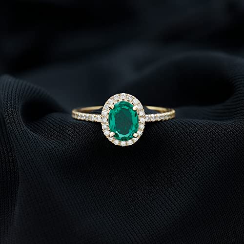 Rosec Jewels Lab Grown Emerald Diamond Oval Engagement Ring, AAAA Quality, Certified 6X8mm Oval Emerald Halo Engagement Ring, 14K Yellow Gold, Size:US 7.00