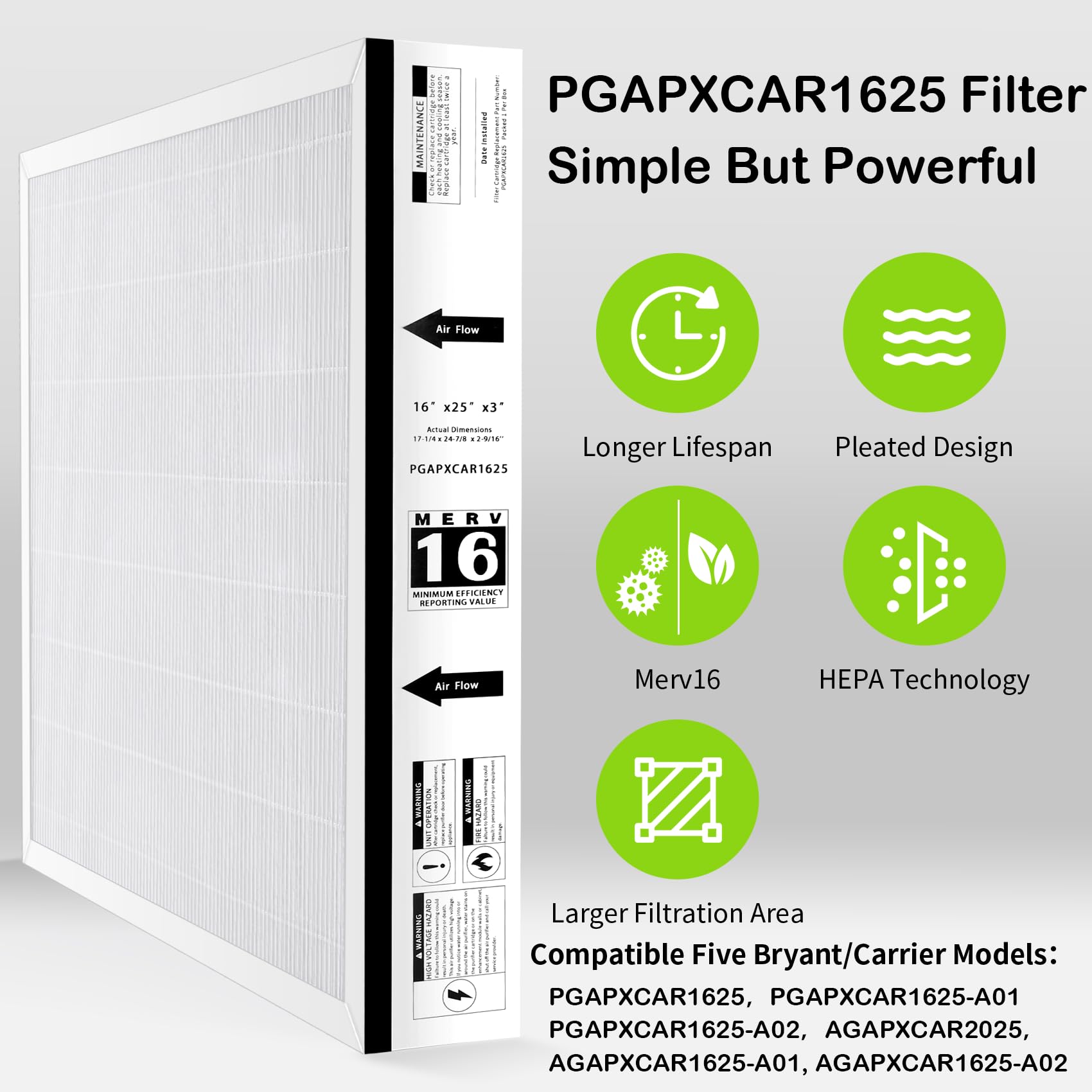 Upgraded PGAPXCAR1625 Merv16 Replacement Filter, Compatible with Bryant/Carrier PGAPXCAR1625, AGAPXCAR1625-A02,PGAPXCAR1625-a02, PGAPXCAR1625-A01, AGAPXCAR1625 Filter(16x25x3in)-2 Pack