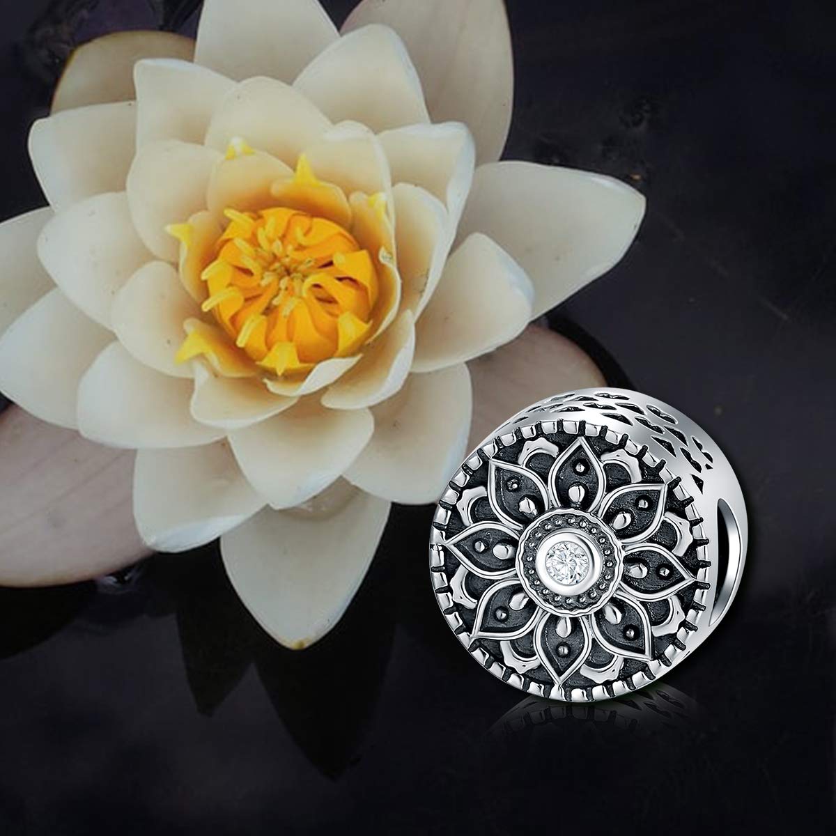 PEIMKO Personalized Lotus Picture Charms Bead Fit Snake Chain Bracelet Sterling Silver Flower Photo Charm Bead for Women (A-Lotus)