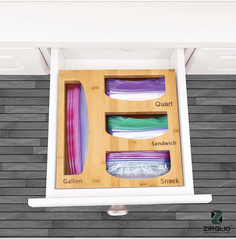 Premium Bamboo Plastic Bag Storage Organizer and Baggie Dispenser ┃ Gallon, Quart, Sandwich, Snack Sizes ┃ Food Bags Holders in Kitchen Drawers, Pantry, or Wall Mount | by ZIRGLIO (4 Slots)