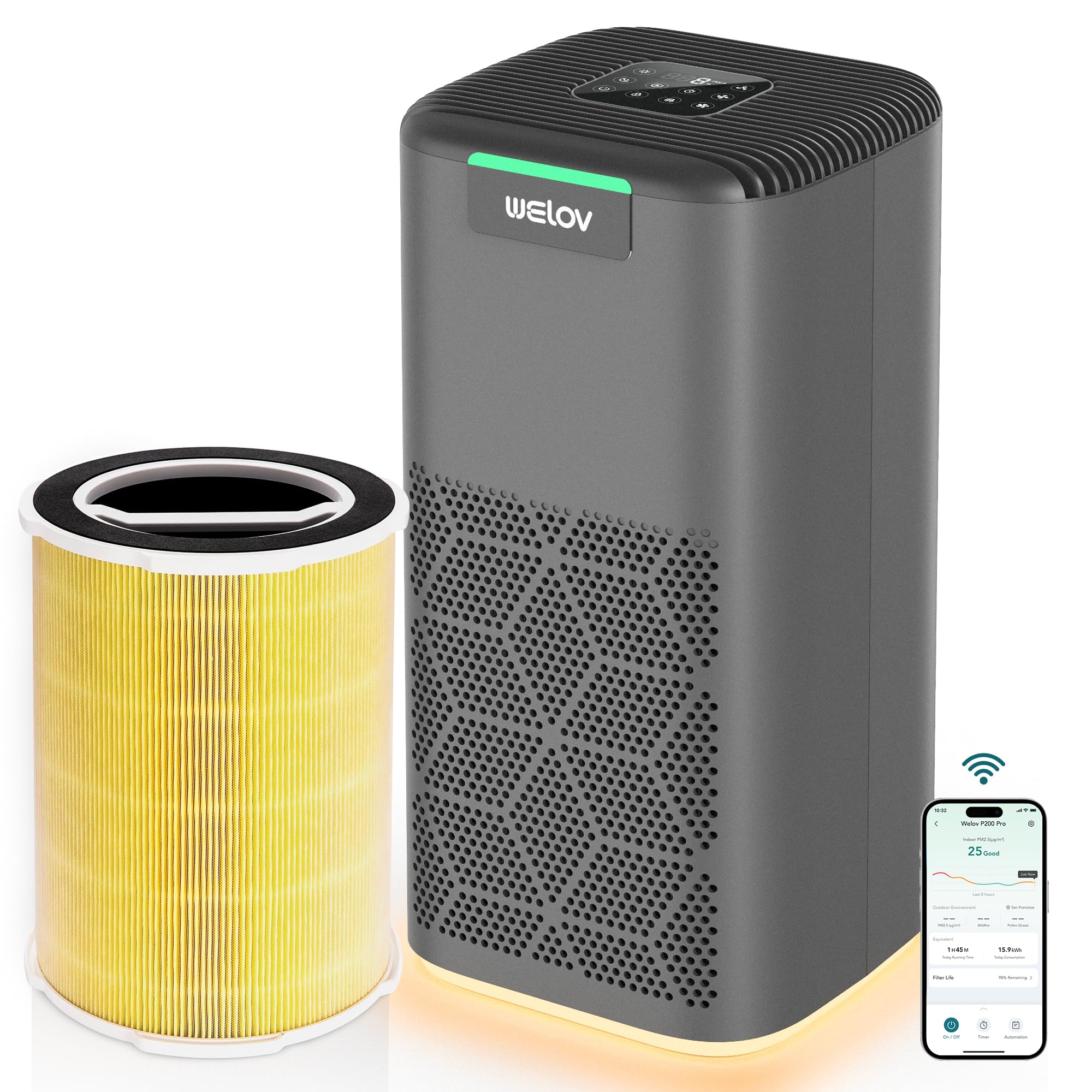 WELOV P200 PRO Air Purifiers with Pet Care Filter Bundle: Up to 1570 Ft² in 1 Hr With Air Quality Monitor, Smart WiFi, Alexa Control