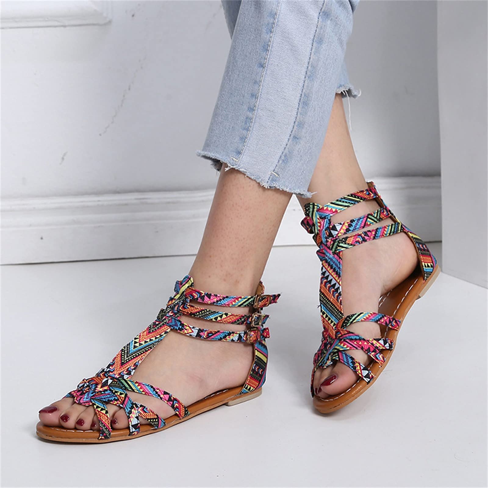 Nyybw Strappy Sandals for Women Flats, Women's Shoe Gladiator Strappy Multi Color Sandals Summer Vacation Shoes