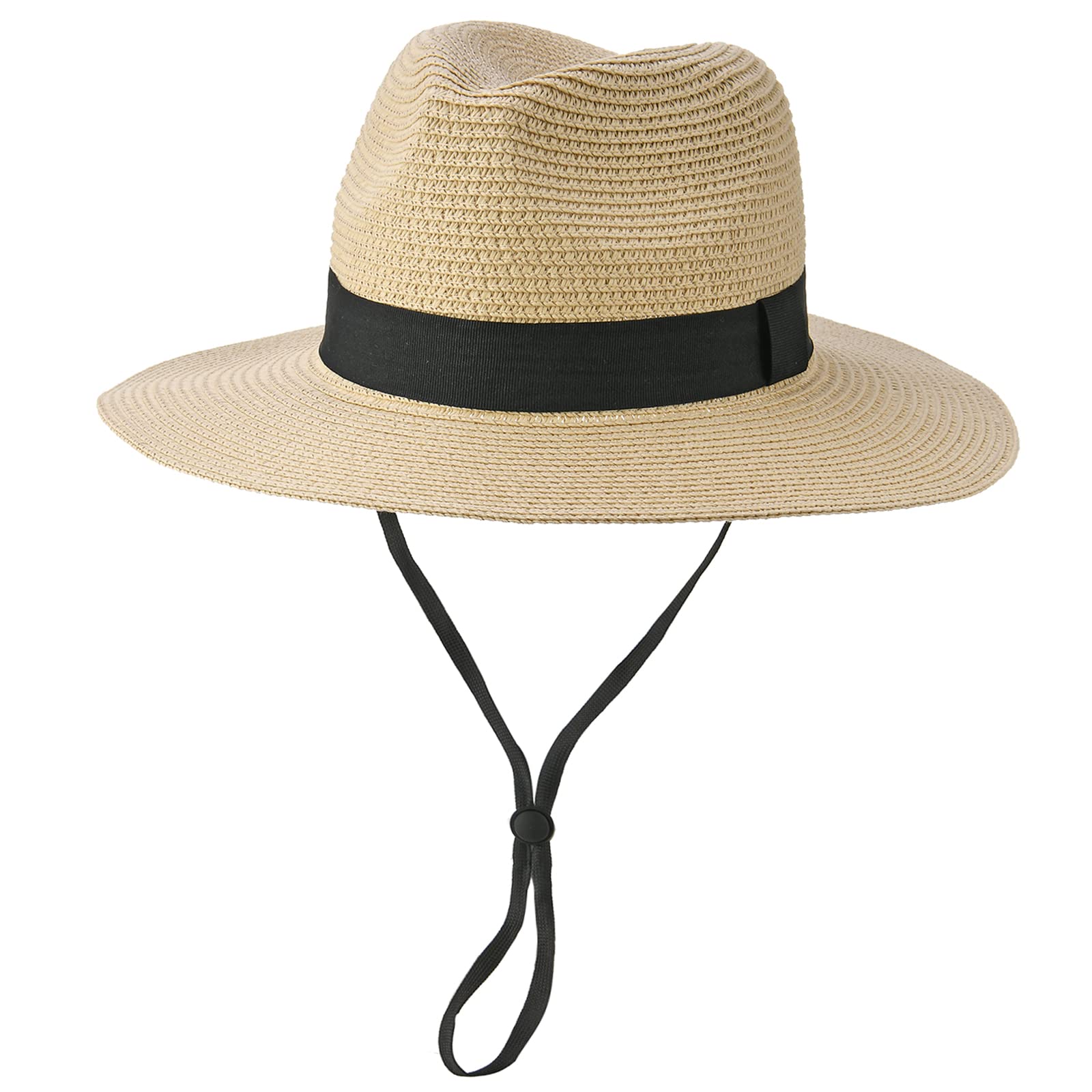 Straw Panama Hat for Women Men Summer Fedora Beach Sun Hat with Chin Strap Adjustable Foldable Floppy Wide Brim Hat(Beige)