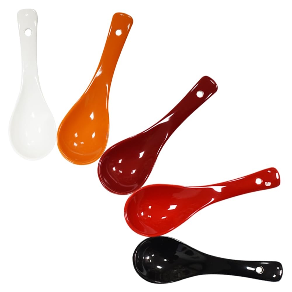 Yuauy 6 pcs Red Porcelain Soup Spoon Round-Bottom Asia Ceramic Rice Spoons Chinese Won Ton Spoons for Home Kitchen Restaurant