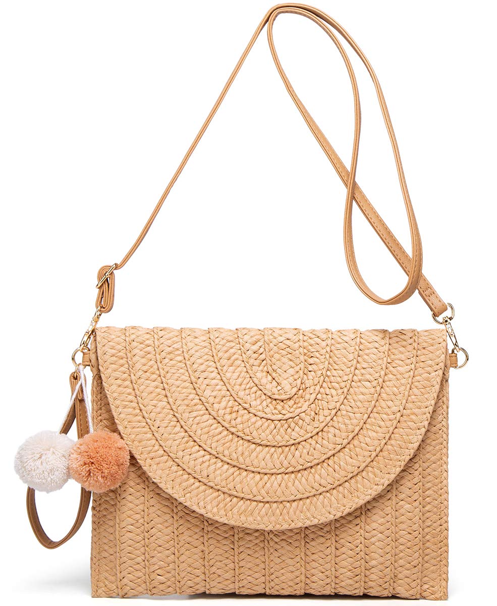 Straw Shoulder Bag Straw Clutch Women Hand-woven PomPom Straw Crossbody Bag Summer Beach Envelope Purse Wallet (E-Khaki)