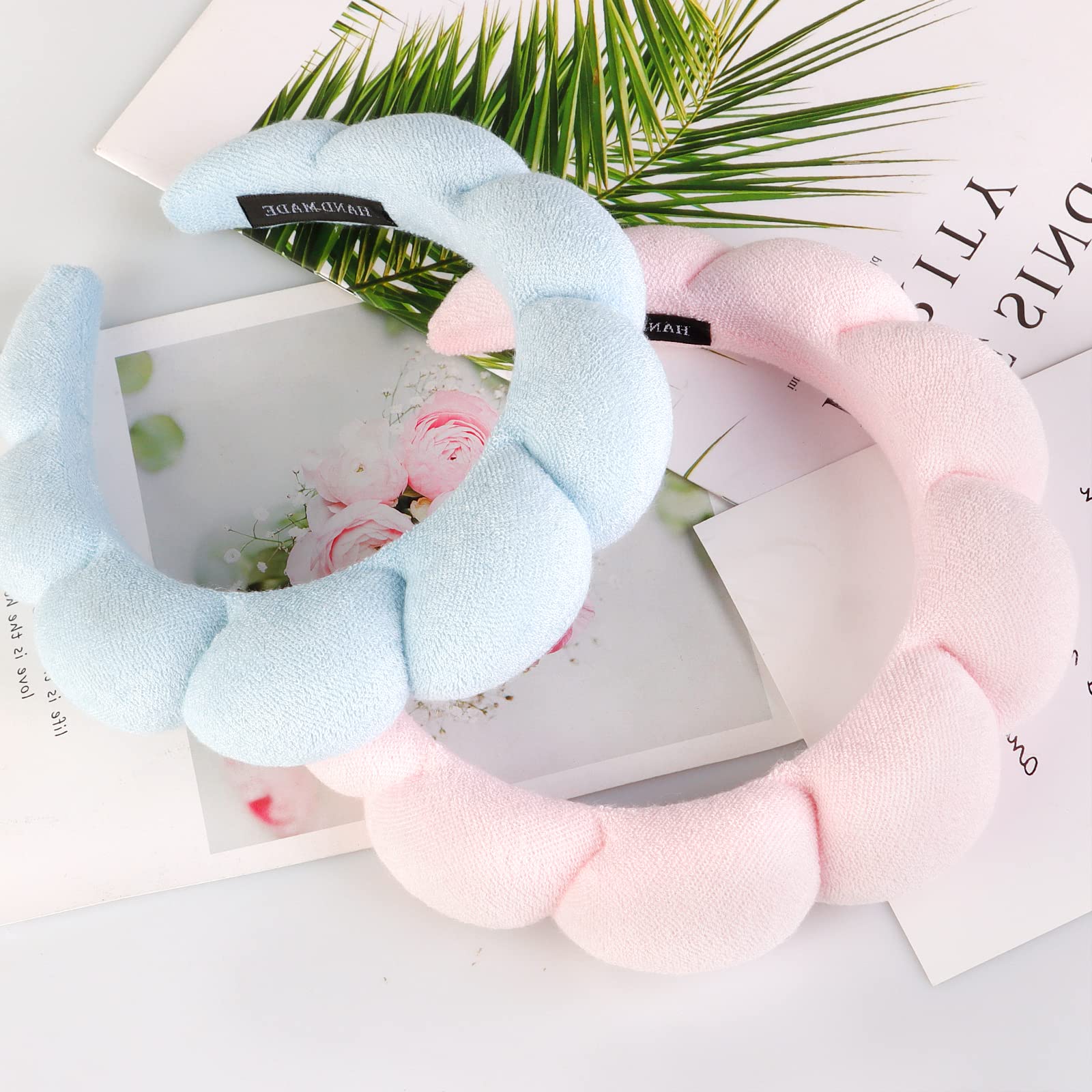 Spa Headband for Women, 2 Pack Makeup Headband Sponge Spa Headband Hair Band Accessories for Spa Face Washing Makeup Shower, Blue and Pink