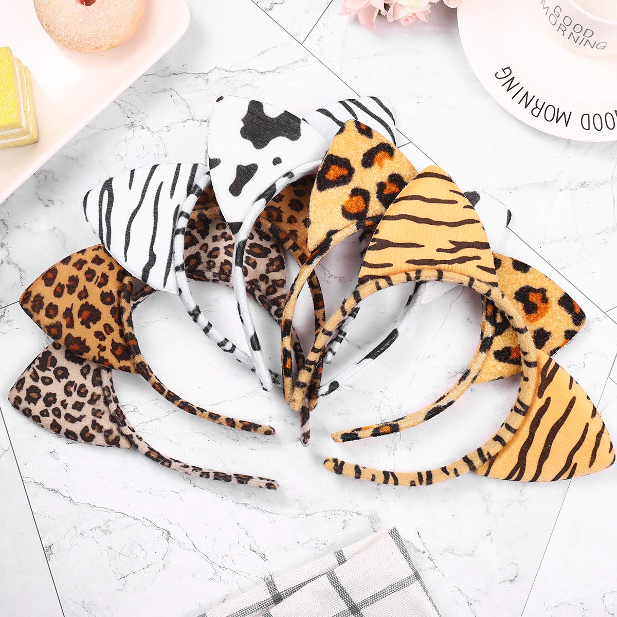 Lurrose 6pcs Plush Cheetah Leopard Grain Cat Ear Hairbands - Cosplay Hair Hoops and Headbands for Halloween, Festivals, Holidays