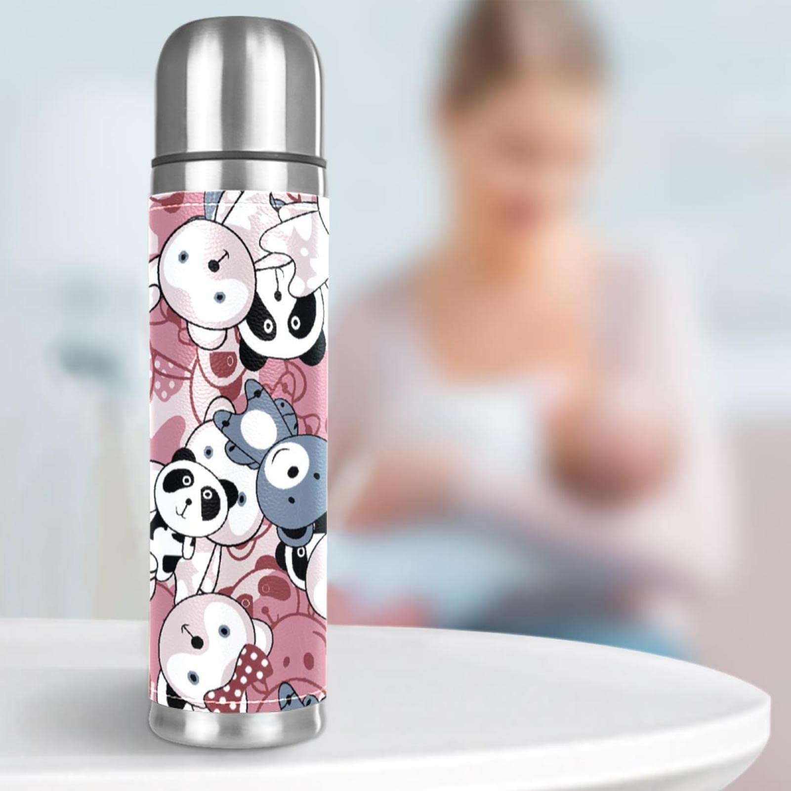 Stainless Steel Leather Vacuum Insulated Mug Bear Thermos Water Bottle for Hot and Cold Drinks Kids Adults 16 Oz