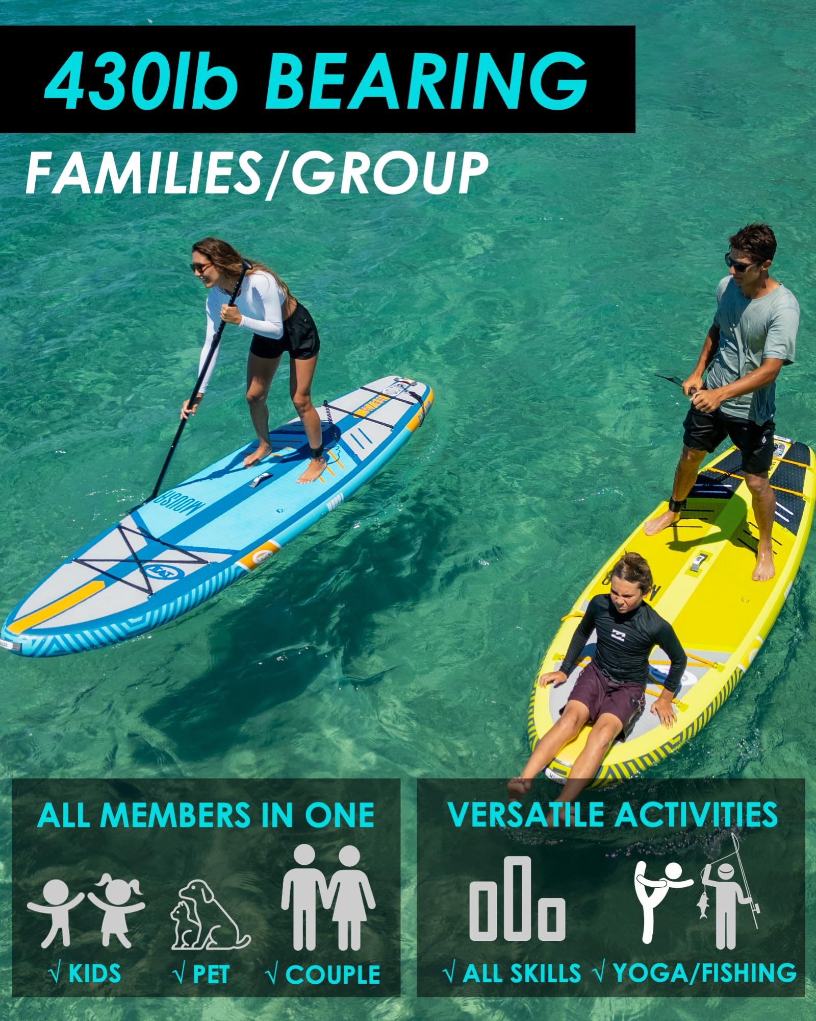 MOUSA 11'×34" Extra Wide Inflatable Stand Up Paddle Board, Stable Ultra Wide SUP for 2 People/Family w/Shoulder Strap, 1600D Backpack, All-Round Sup Board w/Floatable Paddle, US Central Fin