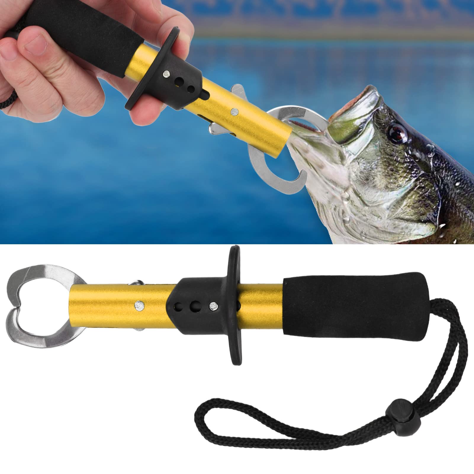Stainless Steel Fishing Gripper Two Sided Trigger Tool,Fish Lip Grabber with Wrist Strap Fishing Gear Accessories (Gold)