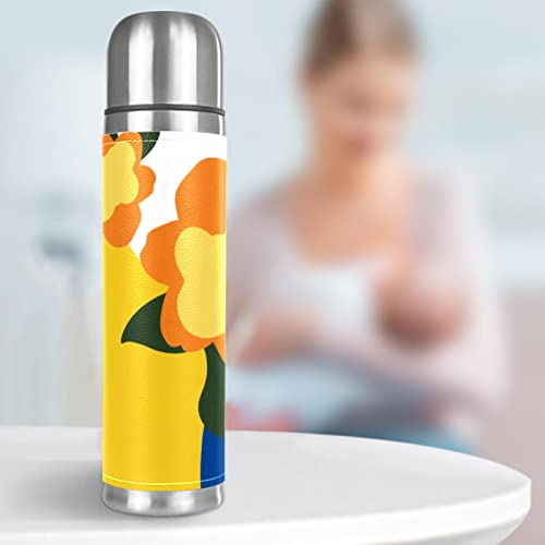 Stainless Steel Leather Vacuum Insulated Mug Flowers Thermos Water Bottle for Hot and Cold Drinks Kids Adults 16 Oz