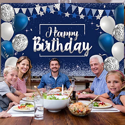 Navy Blue Birthday Confetti Balloons Kit Set 50 Pieces Blue Birthday Photography Backdrop Banner Package for Boys Girls Men Women Birthday Party Decorations Supplies (Navy Blue and Silver)
