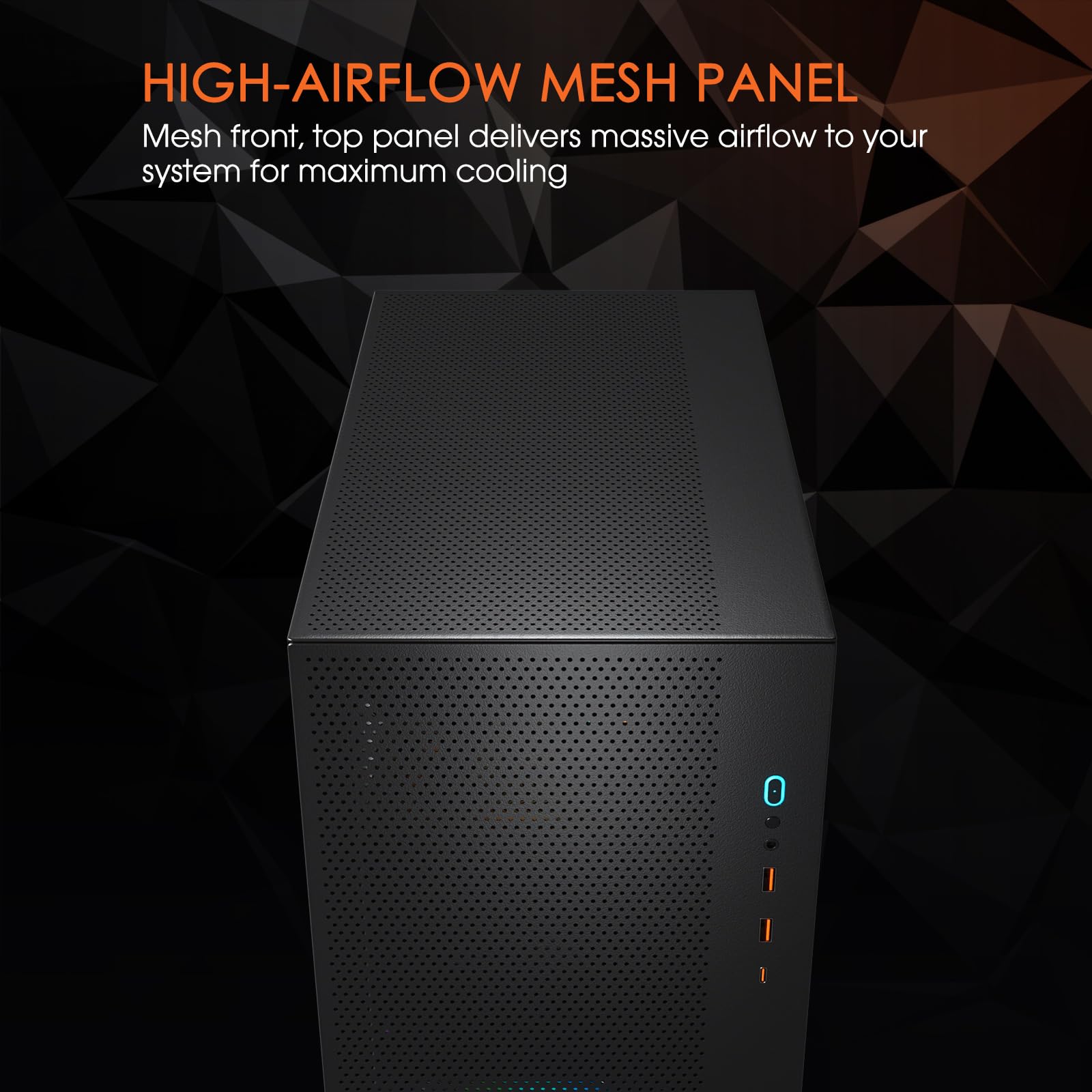 Vetroo AL-MESH-7C Compact ATX PC Case, Front Power Supply, Top 360mm Radiator Support, Type-C & USB 3.0 I/O Panel, High-Airflow Mesh Gaming Case w/Rear 120mm Addressable RGB & PWM Fan