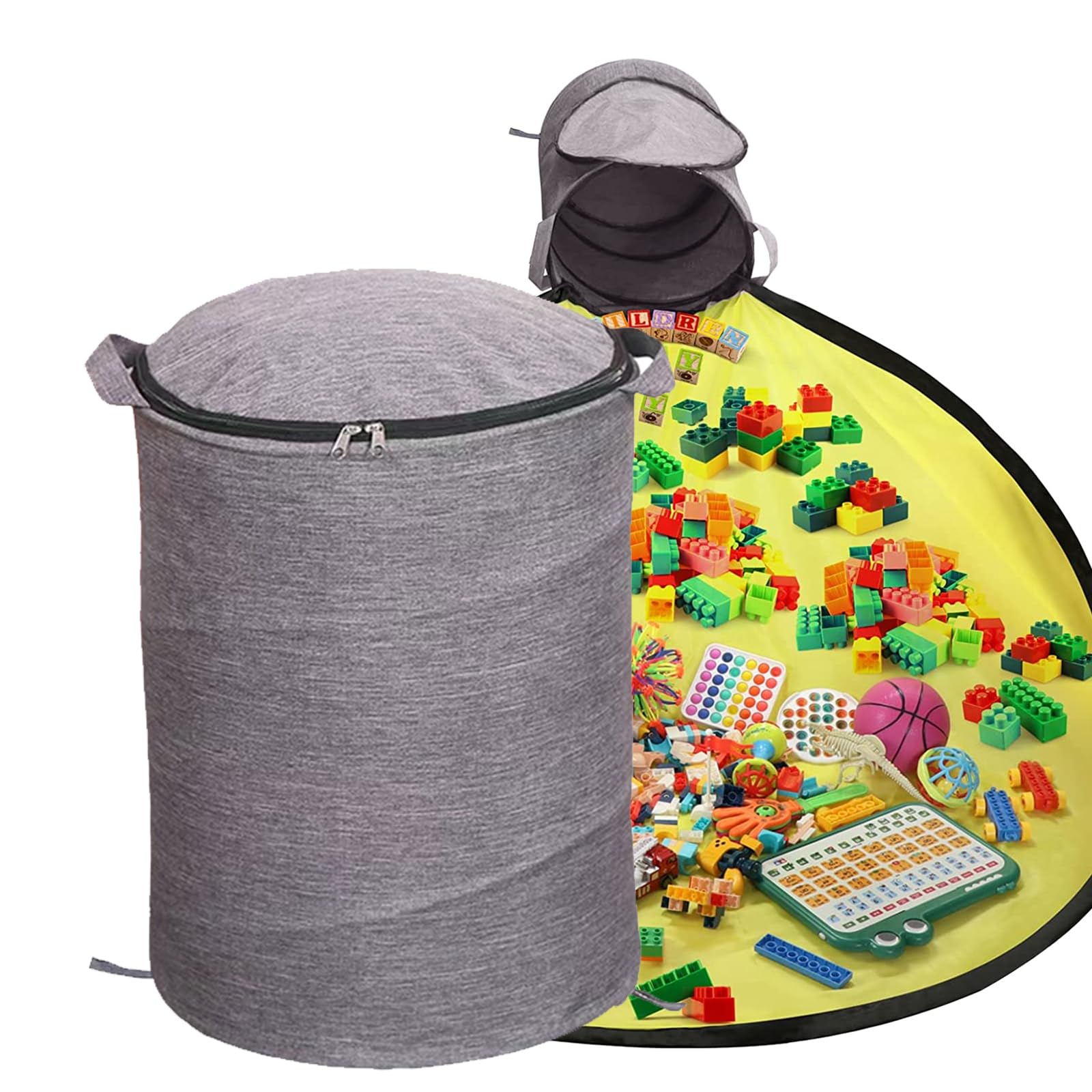 QWTMKTE Toy Storage Organizers and Play Mats, Large Toy Baskets, Toy Storage Bins for Building Bricks & Blocks, Washable, Foldable Canvas Baskets, Toy Clean Up for Kids (Gray)