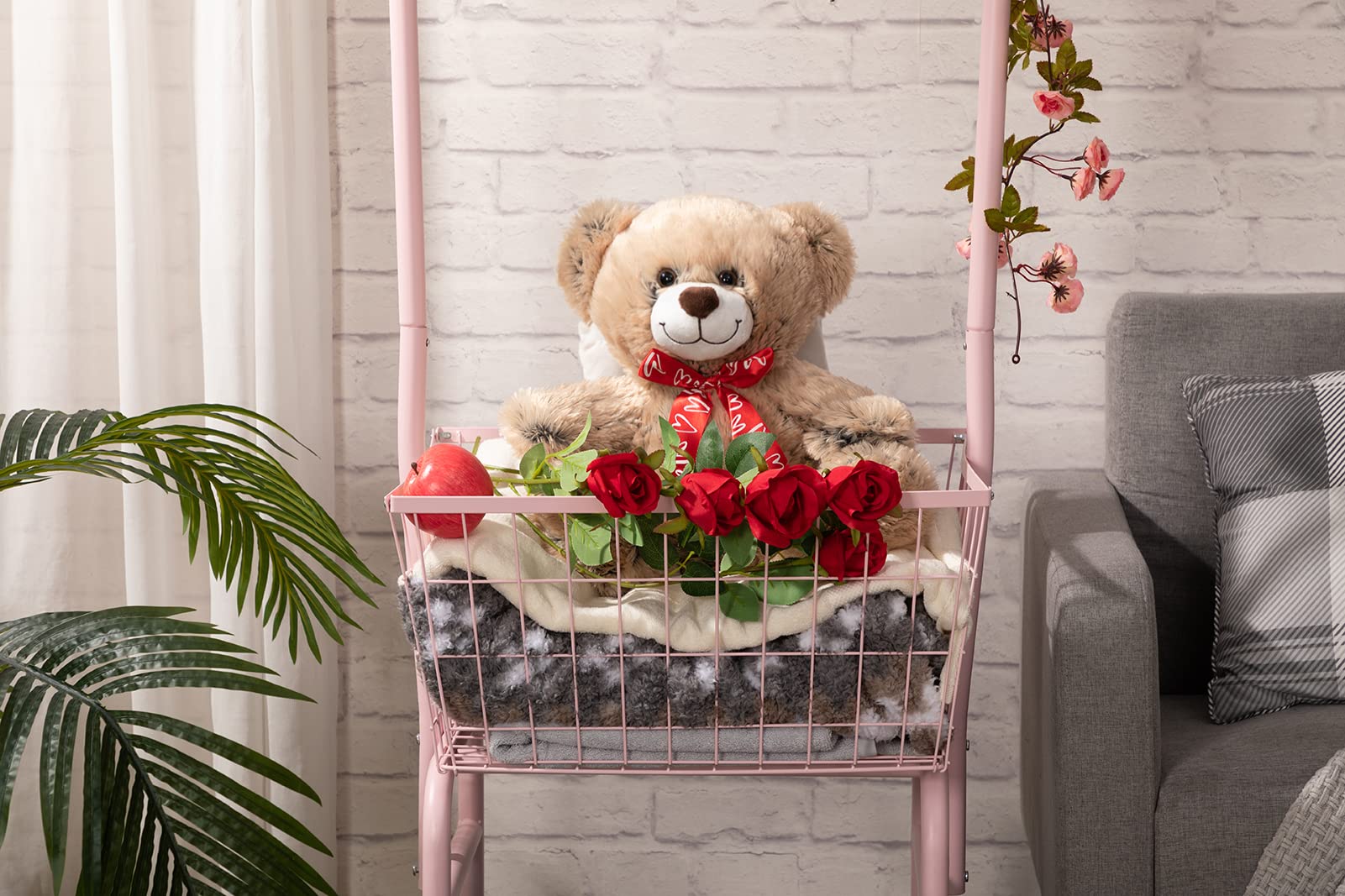 WENMOTDY Teddy Bear Stuffed Animals Plush Bear with Love Pattern Red Bow Soft Plush Toy Valentine's Day Gift 21 Inch Tan