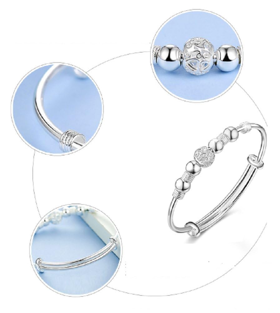 LMCIEZR Women's Simple Sterling Silver Beads Bangle Bracelet Transfer Lucky Beads Bracelet Cuff Bracelet Bangle with Open Design