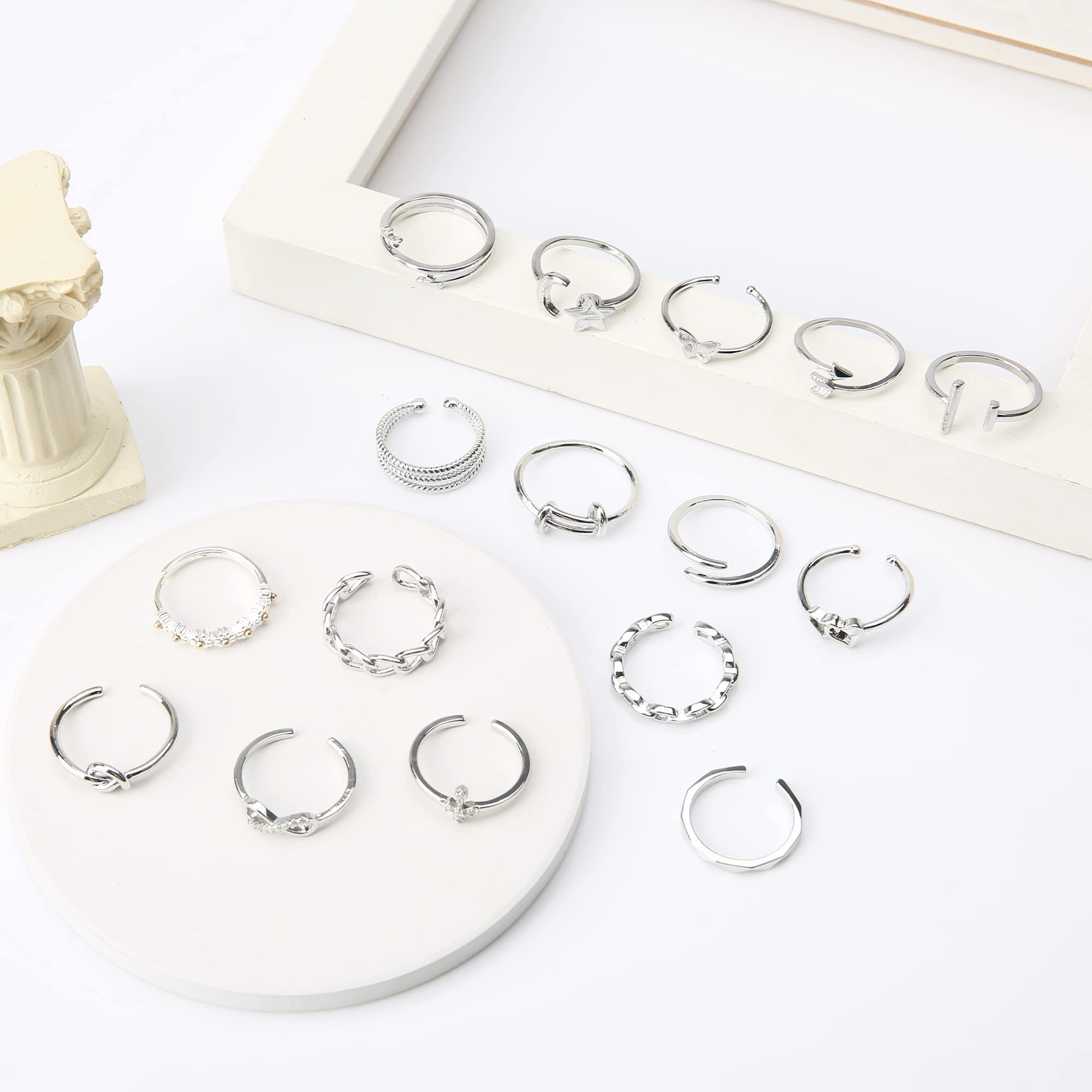 Staligue 16pcs Adjustable Rings for Women Simple Stackable Knuckle Rings Set Trendy Finger Stacking Open Rings Flower Cross Chain Butterfly Heart Thumb Knuckle Adjustable Rings Set