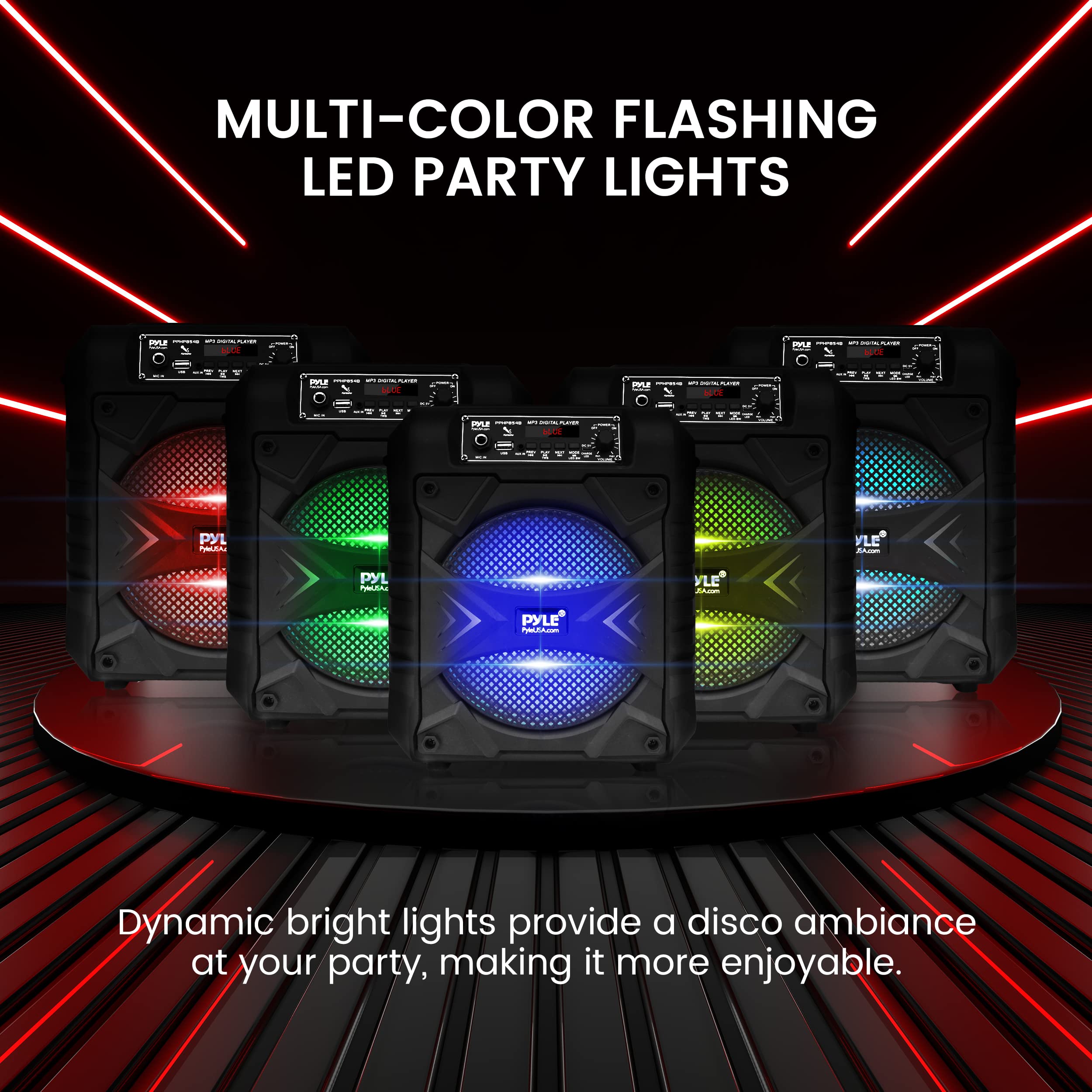 Pyle Portable Bluetooth PA Speaker System - 300W Rechargeable Indoor/Outdoor Bluetooth Speaker Portable PA System w/ 8β Subwoofer, AUX, Microphone in, Party Lights, MP3/USB, Radio, Remote PPHP854B