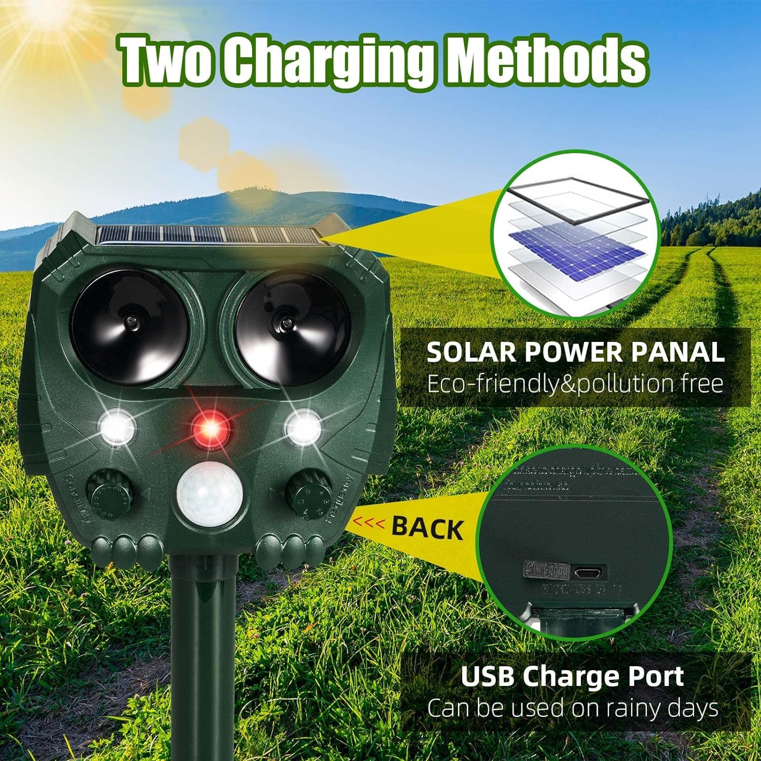 Ultrasonic Animal Repellent Deer Repellent Cat Repellent Outdoor with 5 Frequency Mode & Motion Sensor & Strobe Light Solar Animal Repeller Deterrent Rabbit Repellent Repel Dog Skunk Raccoon (1)