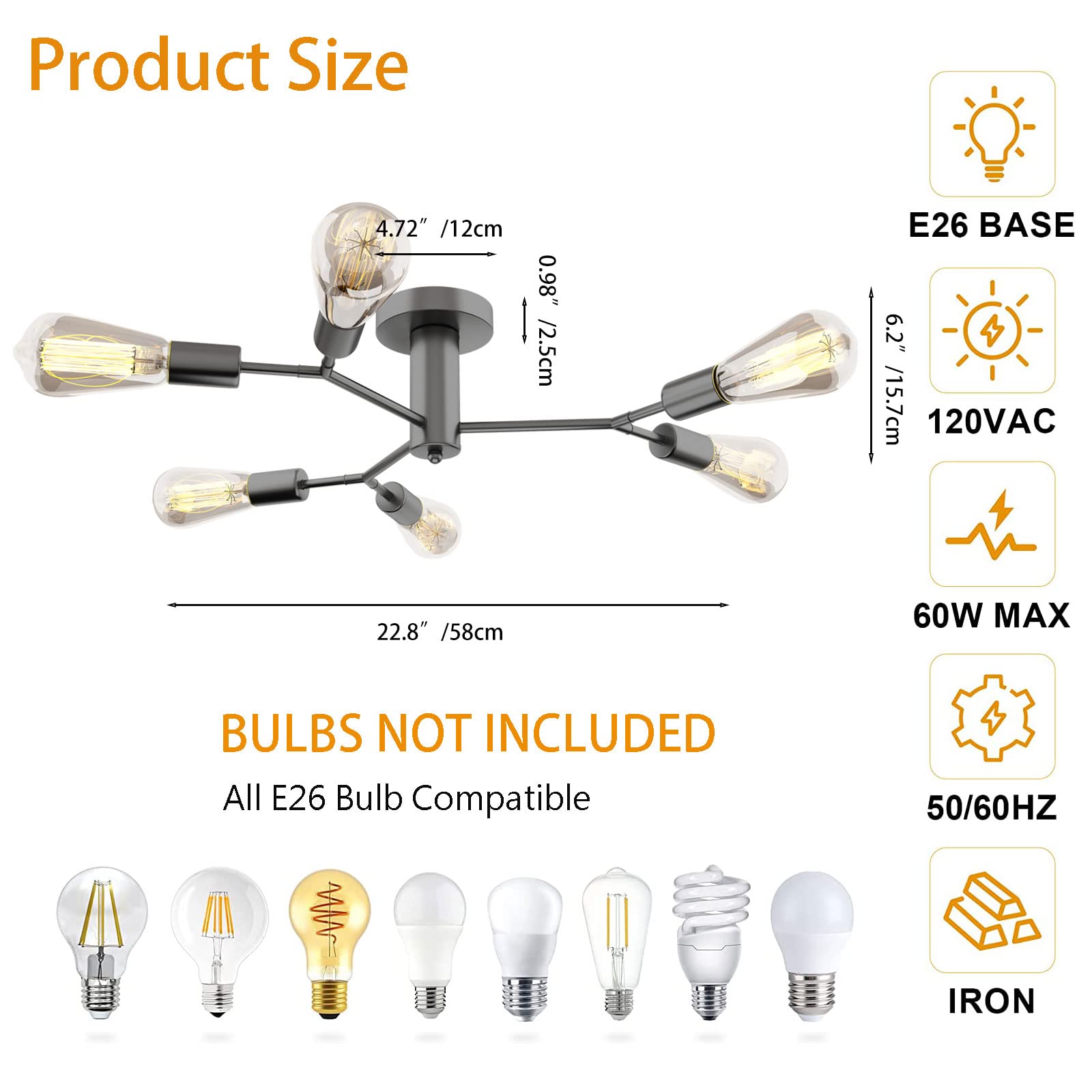 lightgor 6-Light Indoor Semi Flush Mount Ceiling Lights, Farmhouse Black Light Fixtures Ceiling Mount, Stylish Ceiling Lighting for Kitchen Entryway Bedroom Foyer
