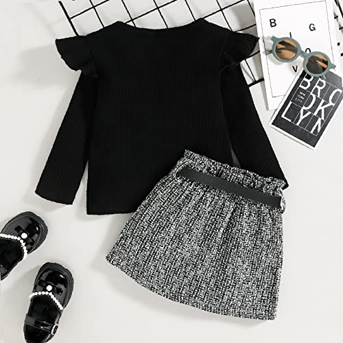 Yunfanda Toddler Baby Girl Fall Winter Dresses Turtleneck Solid Knit Pullover Tops Plaid Button Mini Skirts Set Outfits(20#-Black Tops+Skirt,12-18 Months)