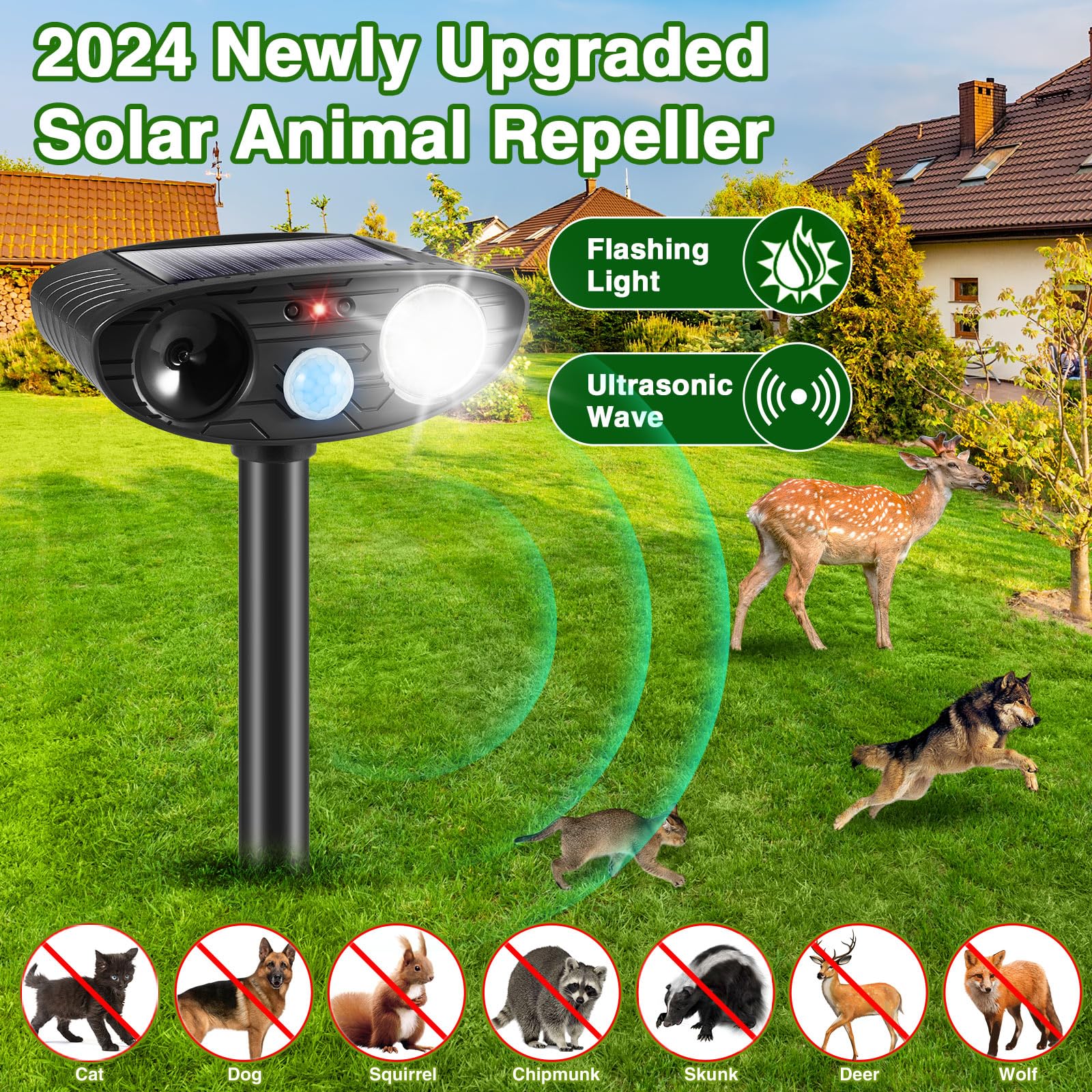 Ultrasonic Animal Repellent Outdoor Solar Animal Repeller with Motion Sensor&LED Strobe Light Cat Deterrent Outdoor Deer Repellent Device to Scare Coyote Raccoon Squirrel Skunk Repellent for Yard (4)