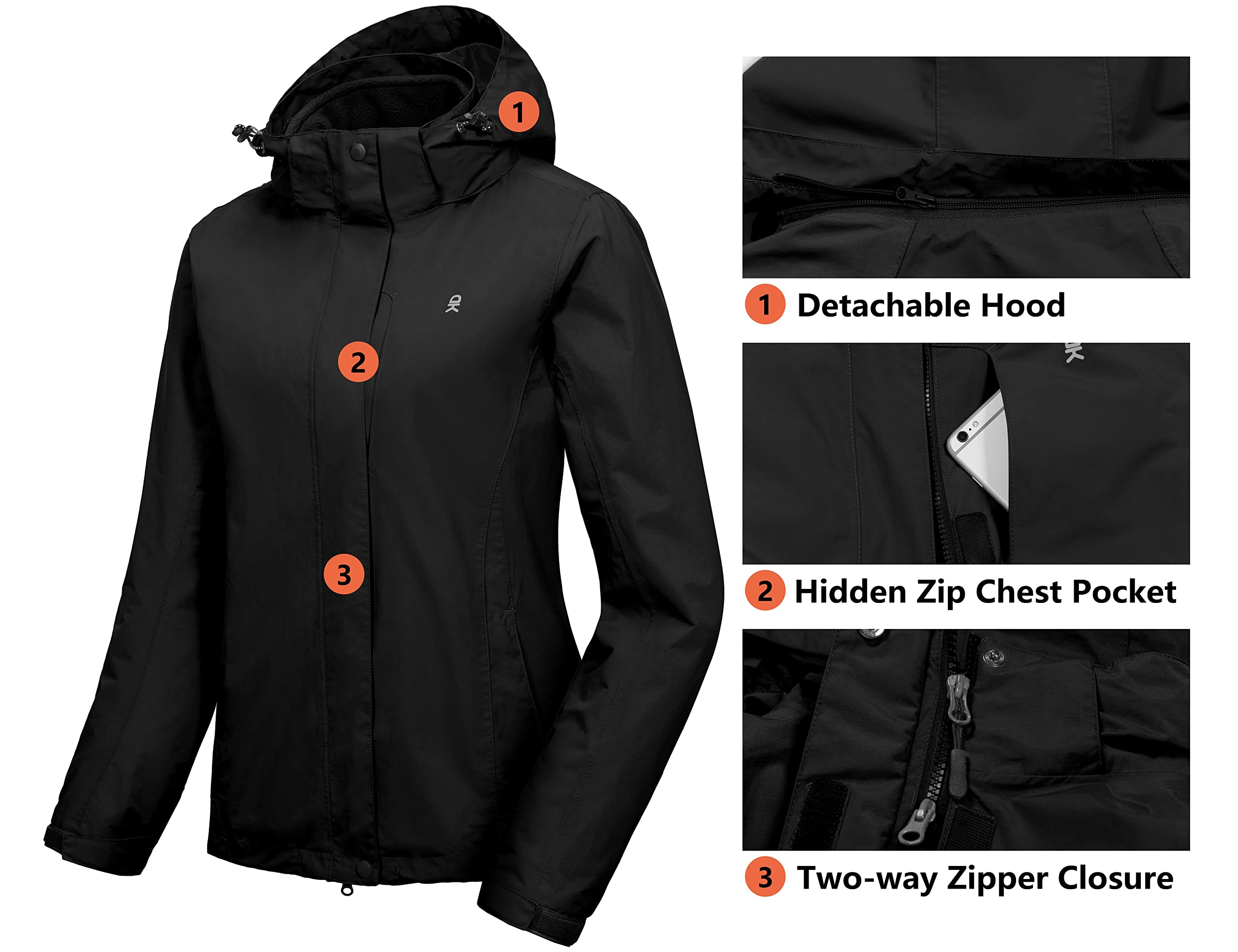 Little Donkey Andy Women's 3 in 1 Winter Ski Jacket Warm Fleece Liner Jacket Waterproof Windproof Snow Coat & Detachable Hood Black L