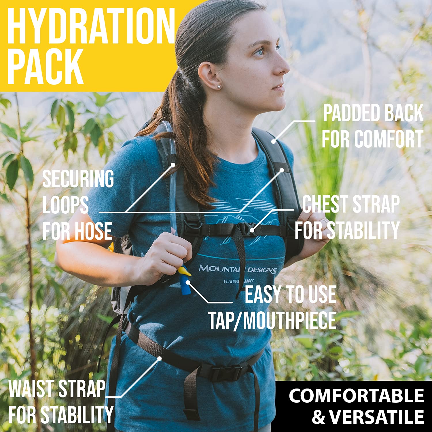 Mountain Designs Hydration Backpack - 10L Leakproof Hiking Backpack has Large Compartments and 3L Tactical Backpack Water Bladder - Water Backpack or Hydration Backpack is a Hiking Gear Must.