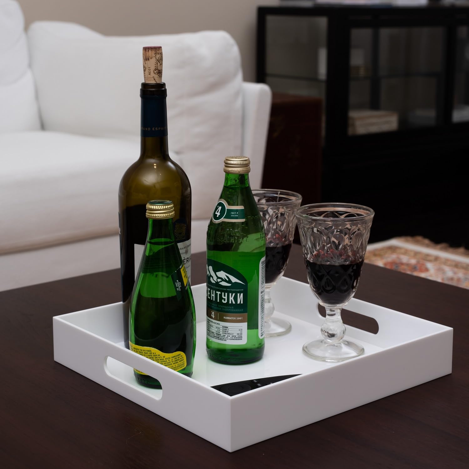 MUKEEN Glossy White Acrylic Serving Tray with Handles, 12x12x2H Inches - Spill Proof, Decorative Trays for Countertop, Ottoman Coffee Table, Nightstand, Breakfast, Tea, Food