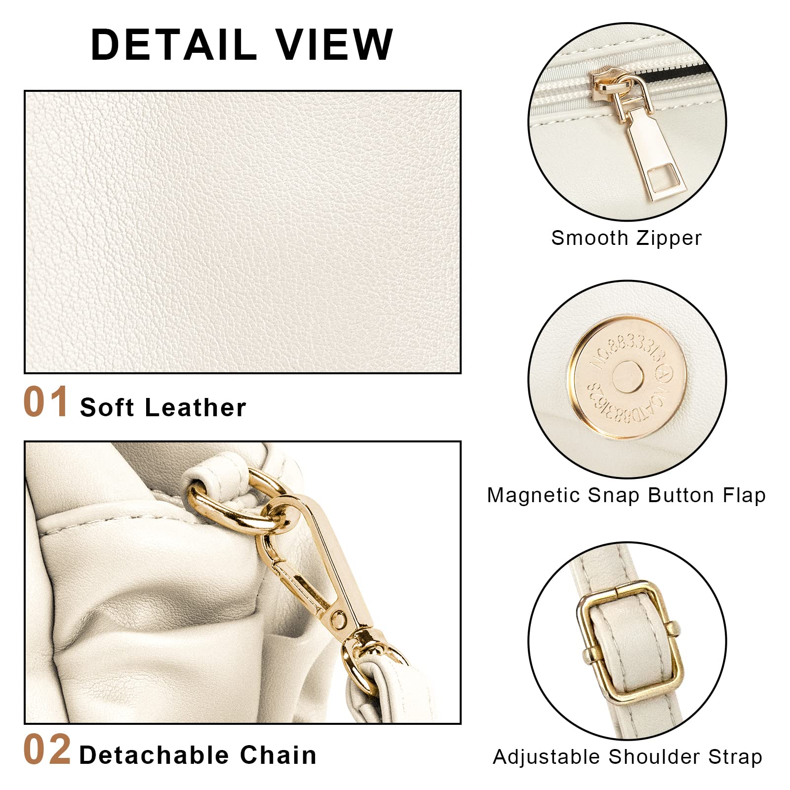 Strobody Women's Cloud Pouch Bag, Soft Leather Dumpling Clutch Purse with Magnetic Closure,Ruched Chain Link Crossbody Shoulder Handbag