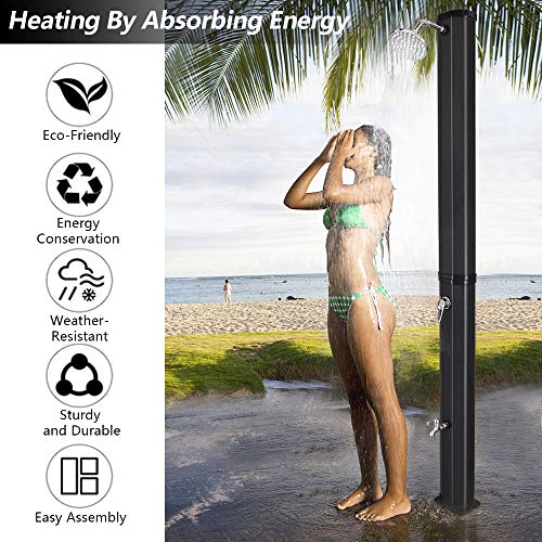VINGLI Solar Heated Shower, 9.3 Gallon Outdoor Shower with Shower Head and Foot Shower Tap,for Outdoor Backyard Poolside Beach Pool Spa,Black (9.3 Gallon)