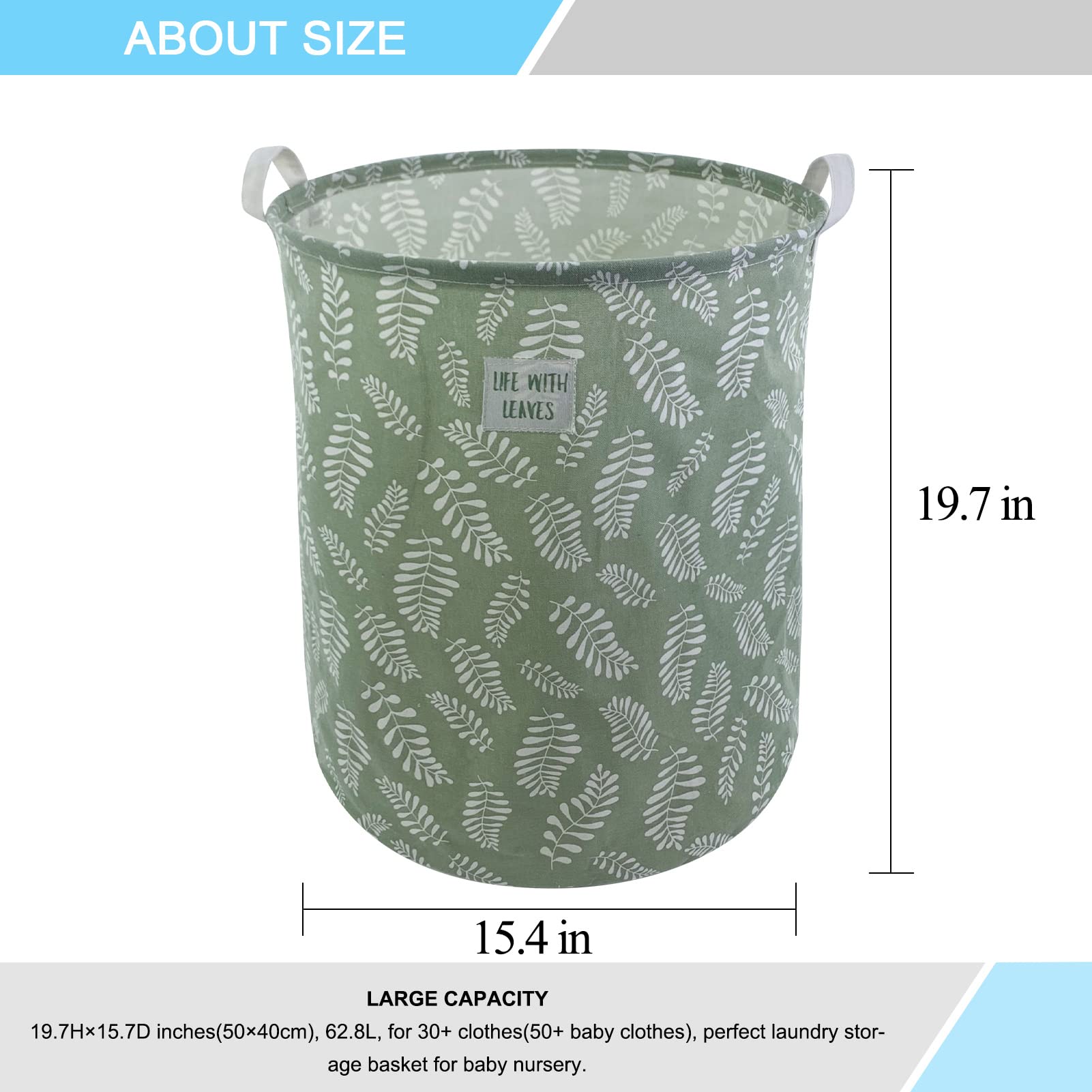 Mziart Large Foldable Laundry Basket Organizer, Collapsible Laundry Hamper Fabric Clothes Toy Storage Basket Nursery Hamper Storage Bin for Household Bedroom, Bathroom, College Dorm (Small White Leaf)