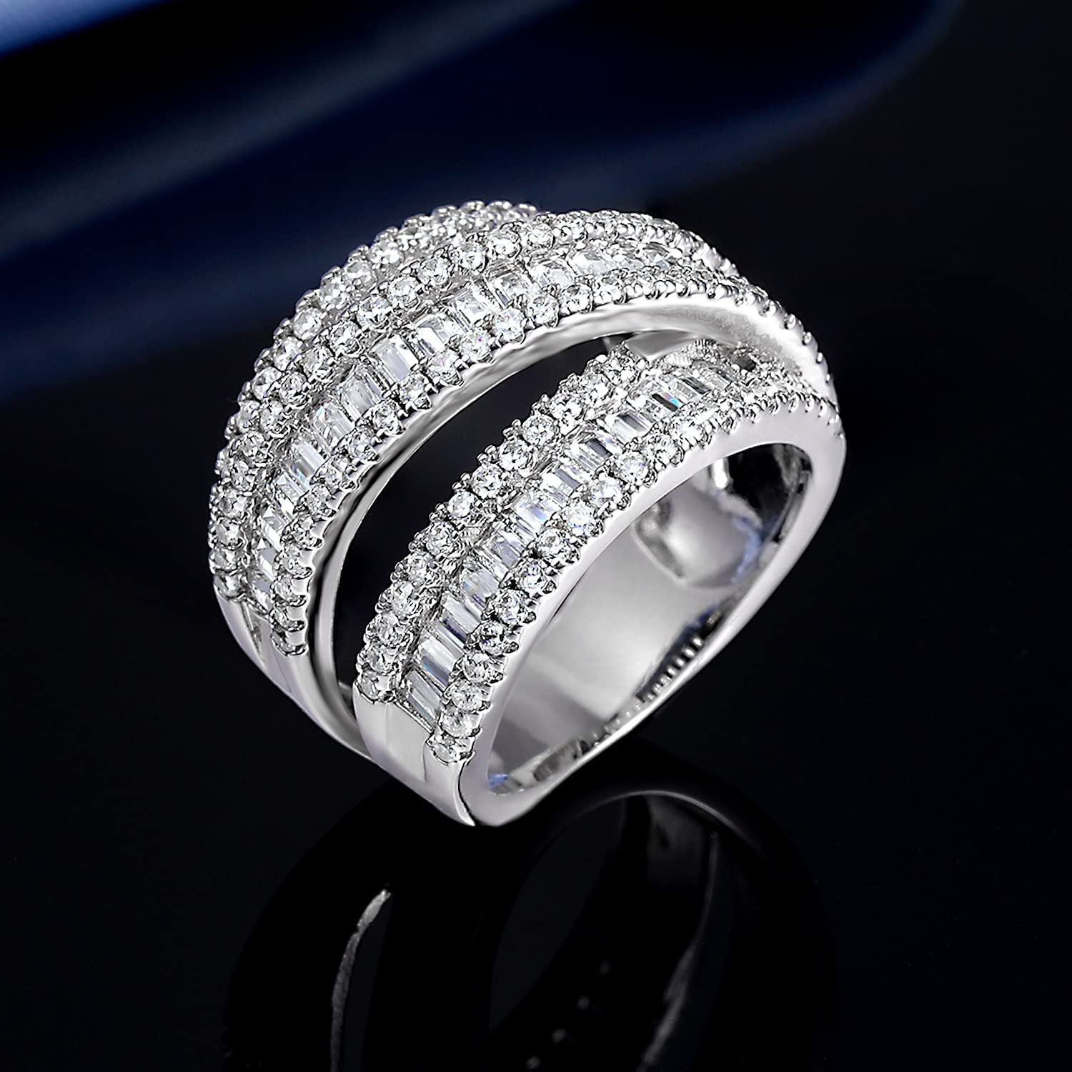 OPOMOMO Eternity Ring Wedding Bands,18K White Gold Plated 3 Rows Emerald Cut Lab Diamond Band Rings for Women Men (7) (C-white -3 rows, 7)