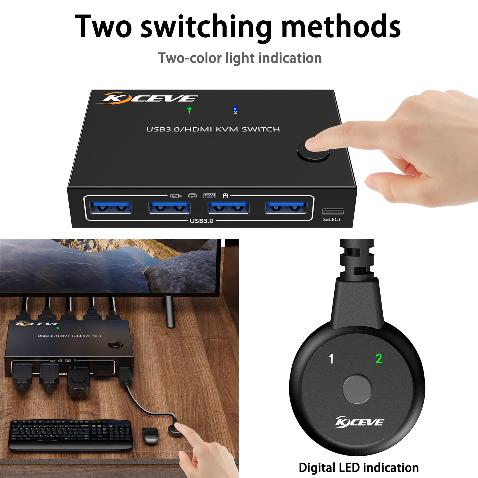 USB 3.0 KVM Switch HDMI 2 Port Support 4K@60HZ Simulation EDID,MLEEDA HDMI USB Switch for 2 Computers Share 1 Monitor and 4 USB 3.0 Port Keyboard Mouse Printer,with Desktop Controller and KVM Cables