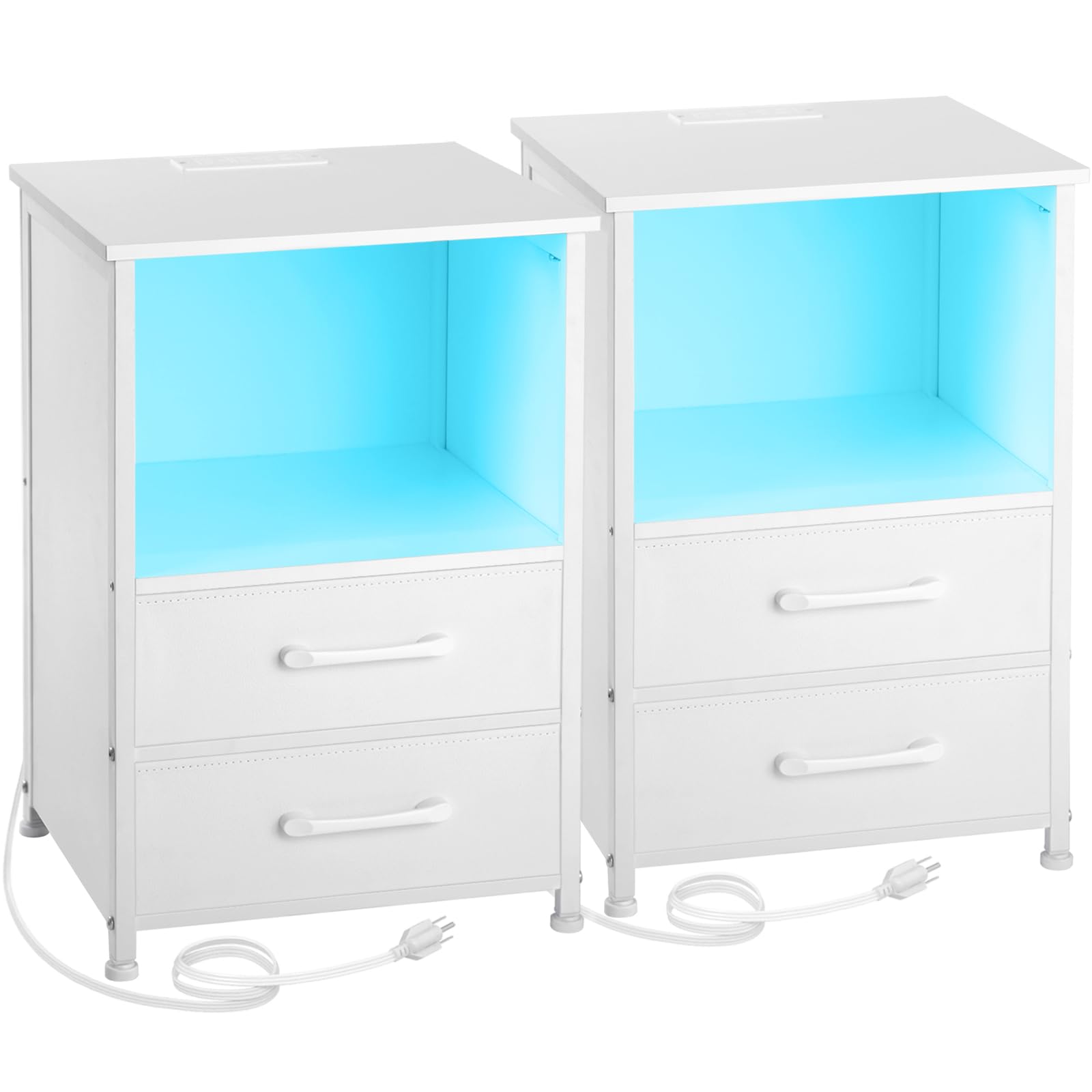LOAKEKEL White Night Stand Set 2, LED Nightstand with Charging Station, End Tables with 3 Fabric Drawers, Bedside Table with USB Type C Port and Outlets for Bedroom, HNS033WT