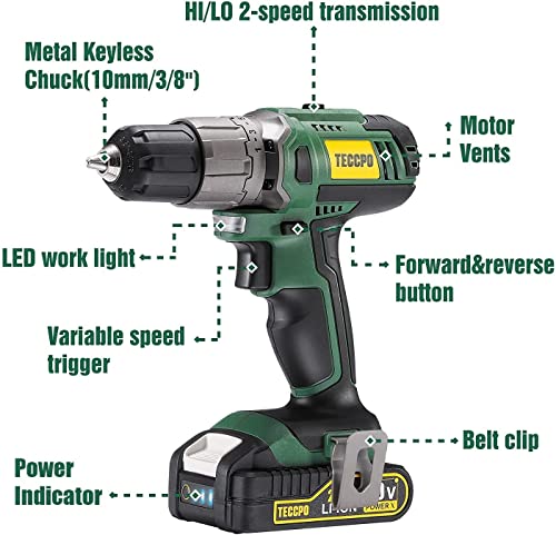 TECCPO Cordless Drill Set, 63Pcs Power Drill Set, Drill with 310 In-lbs, 2-Speed, 21+1 Torque Setting, 2.0Ah Battery & Fast Charger, Tool Kit with Drill, Drill Kit Tool Set for General Household