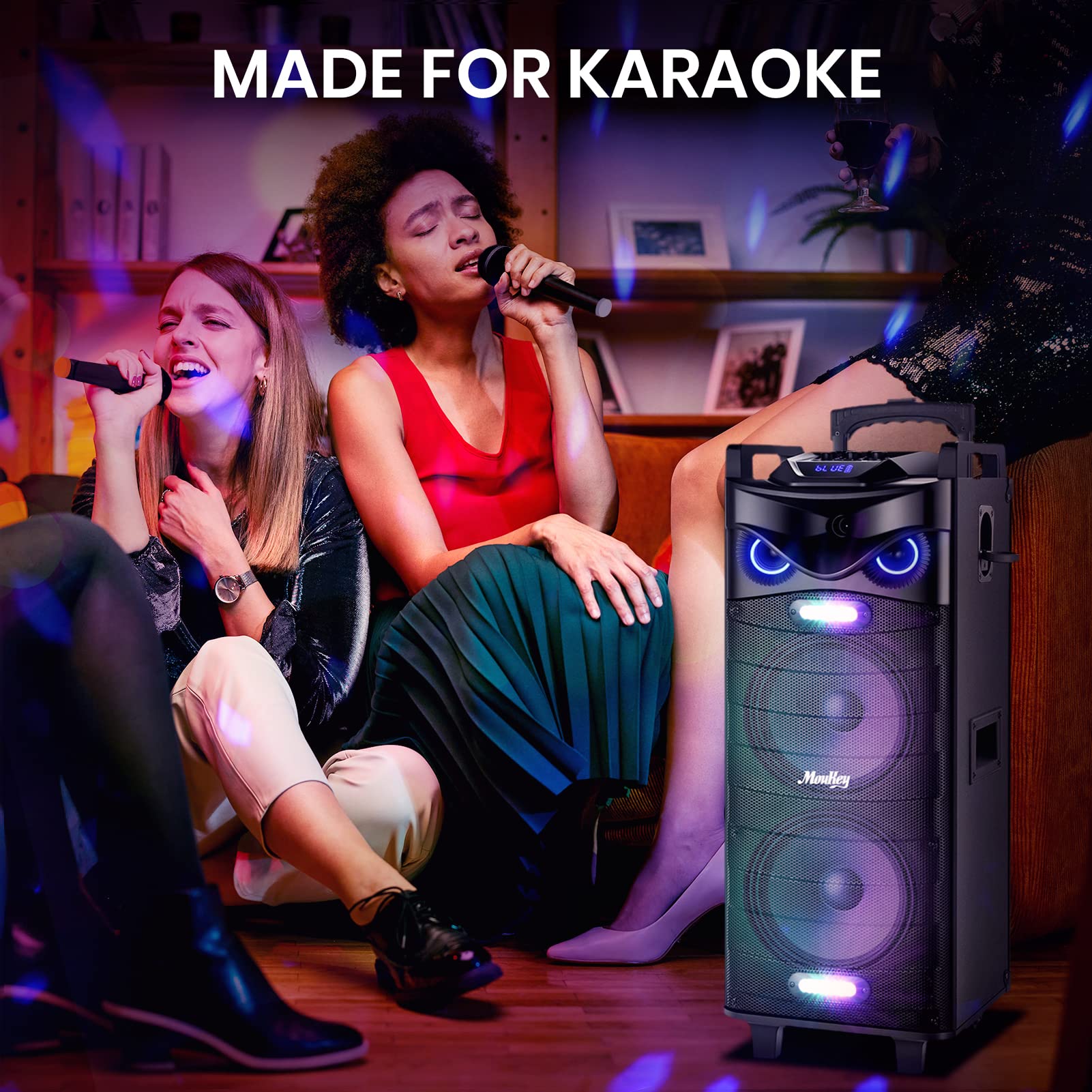 Moukey Karaoke Machine, PA System Double Woofer for Party, Portable Bluetooth Speaker w/ 2 Wireless Microphone, Disco Lights and Echo/Treble/Bass Adjustment, Support TWS/REC/AUX/MP3/USB/TF/FM