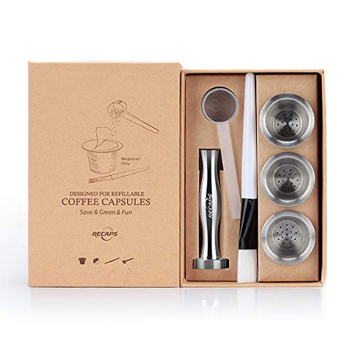 RECAPS Reusable Coffee Filter Capsules Compatible with Nespresso Original 3PCS Refillable Coffee Pods Permanent Coffee Filter Stainless Steel 120PCS Aluminum Foil Lids Coffee Tamper
