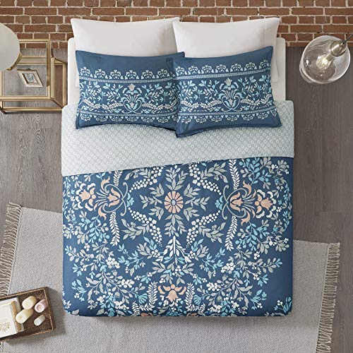 Madison Park Eden 3 Piece Cotton Printed Reversible Duvet Cover Set, Full/Queen(90"x90"), Navy