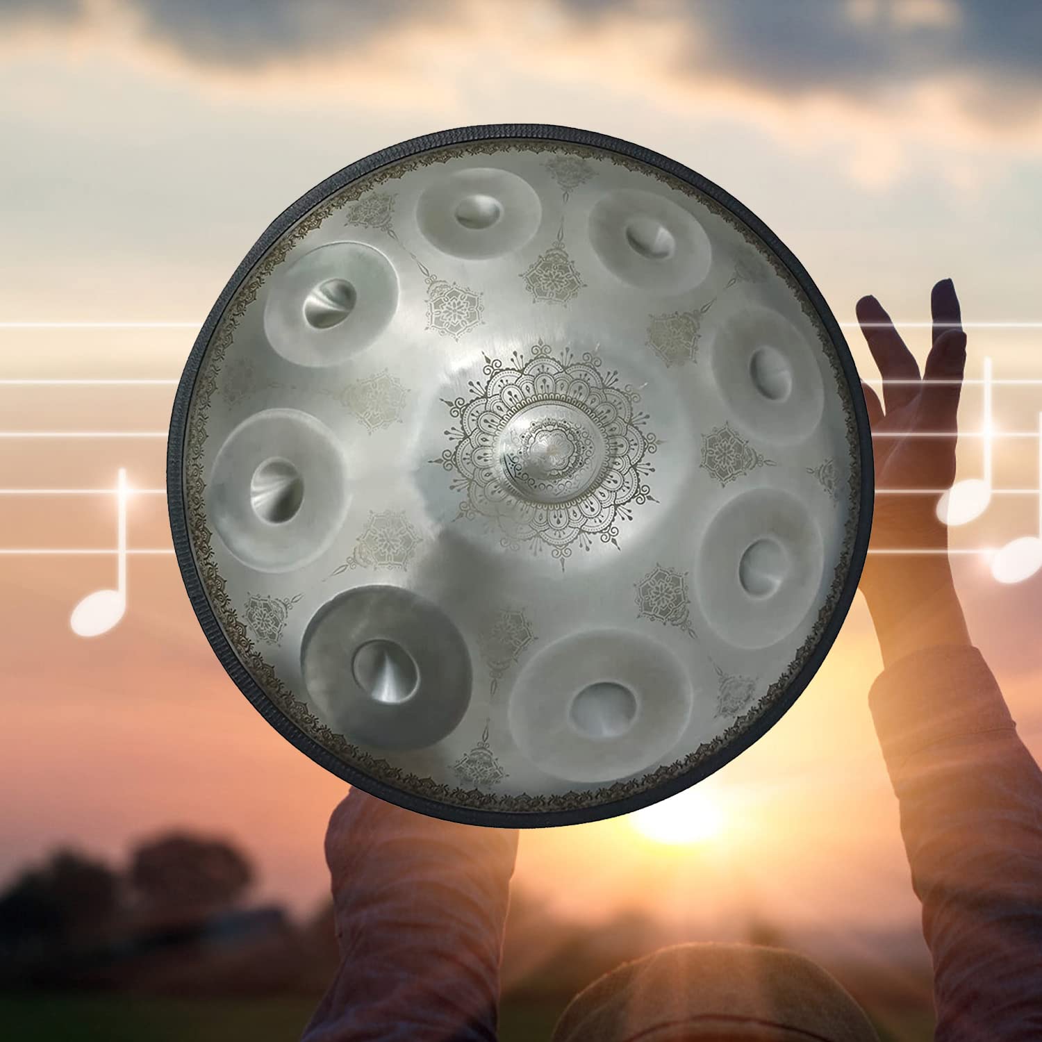 REEKIO HANDPAN, Handpan Drum Instrument in D Minor 9 Notes 22 Inches Steel Hand Drum with Carry Bag, Mallets, Bracket, Note stickers, Wipe Cloth(New Silver)