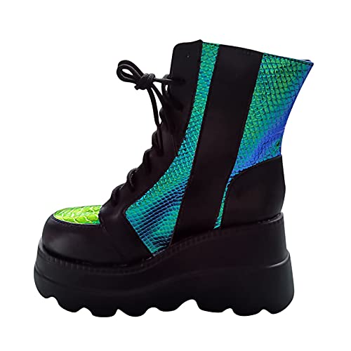NOLDARES Platform Boots Side Zipper Lace Up Goth Combat Boots for Women High Heel Thick Platform Colorful Wedge Boots, Black, 11