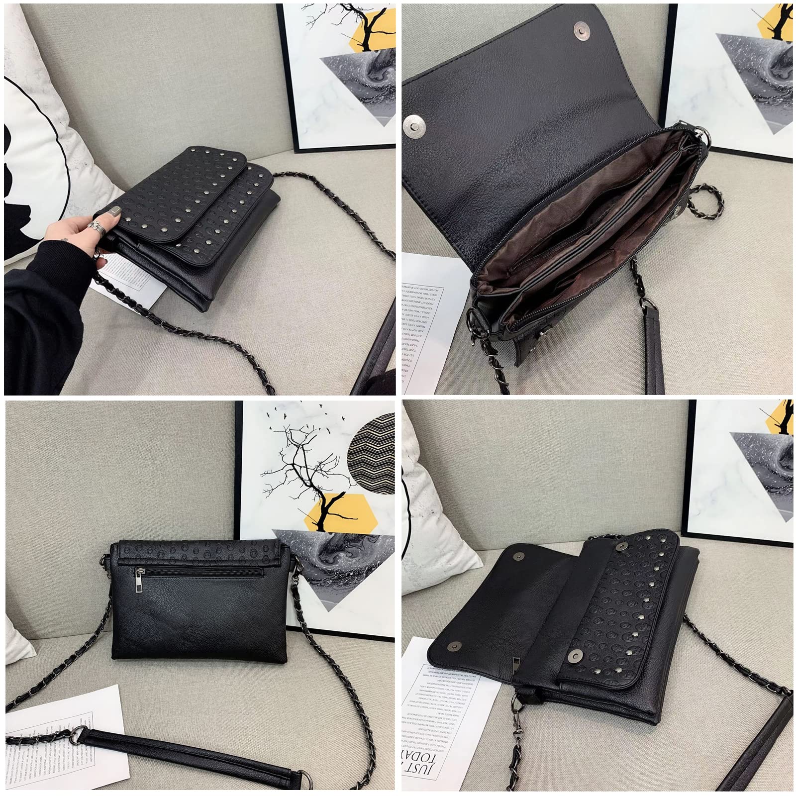 Studded Skull Messenger Bag Gift for Women, Vegan Punk Chain Bag Gothic Purse Shoulder Crossbody Rivet Handbag Black