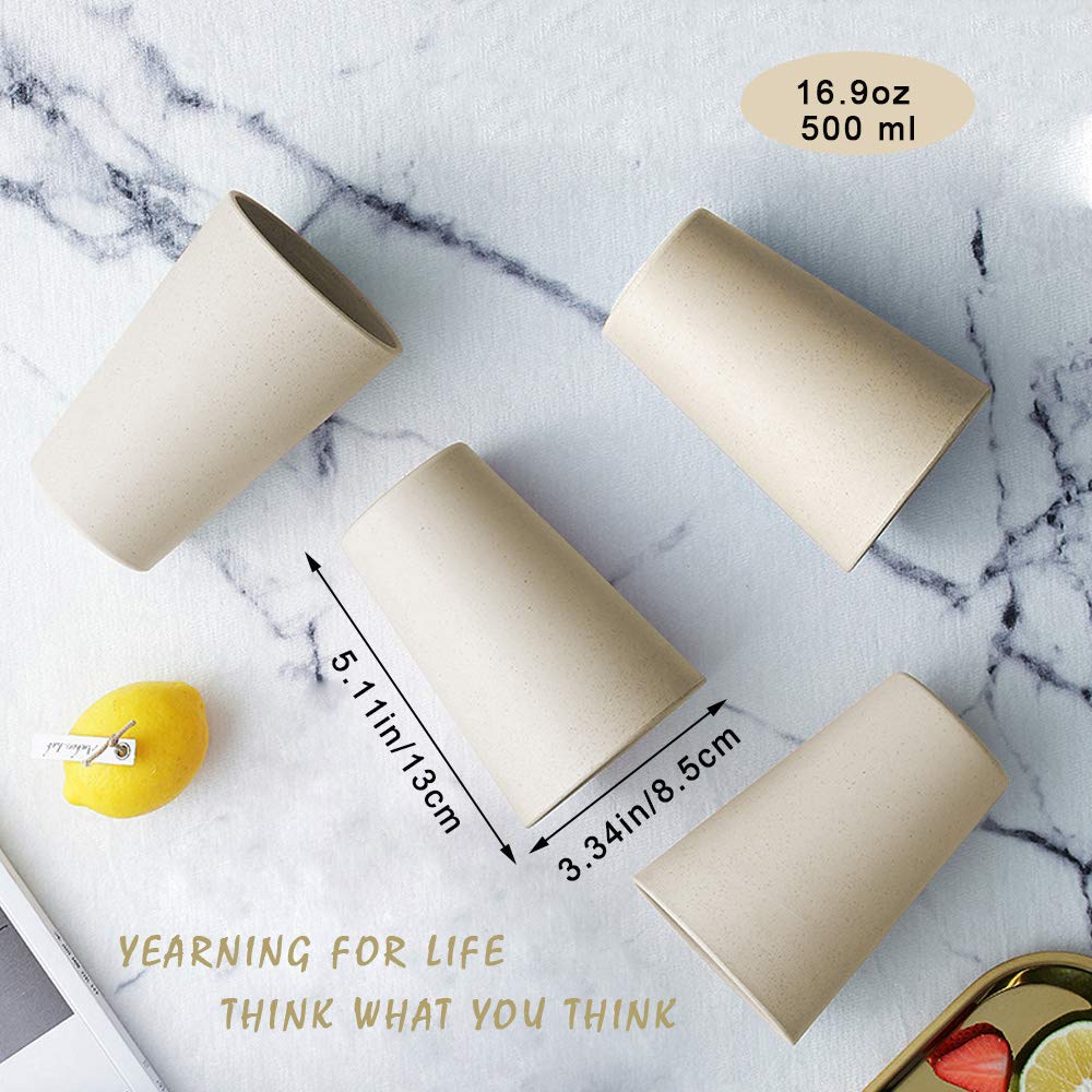 Roucerlin 4 Pack 20 OZ Wheat Cup, Unbreakable Reusable Wheat Straw Drinking Cup, Coffee, Tea, Water, Beer, Milk, Juice Cup, Stackable Travel Cup (Beige)