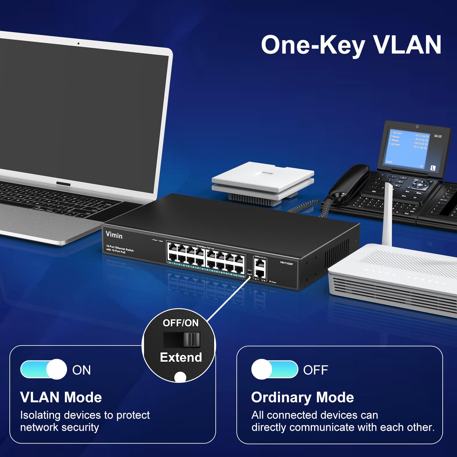 VIMIN 18 Port PoE Switch with 2 Gigabit Uplink Ports, 16 Port 10/100Mbps PoE Ethernet Network Switch Unmanaged Support IEEE802.3af/at, Extend 250m, Vlan, 250W PoE Budget, Metal Case, Rackmount