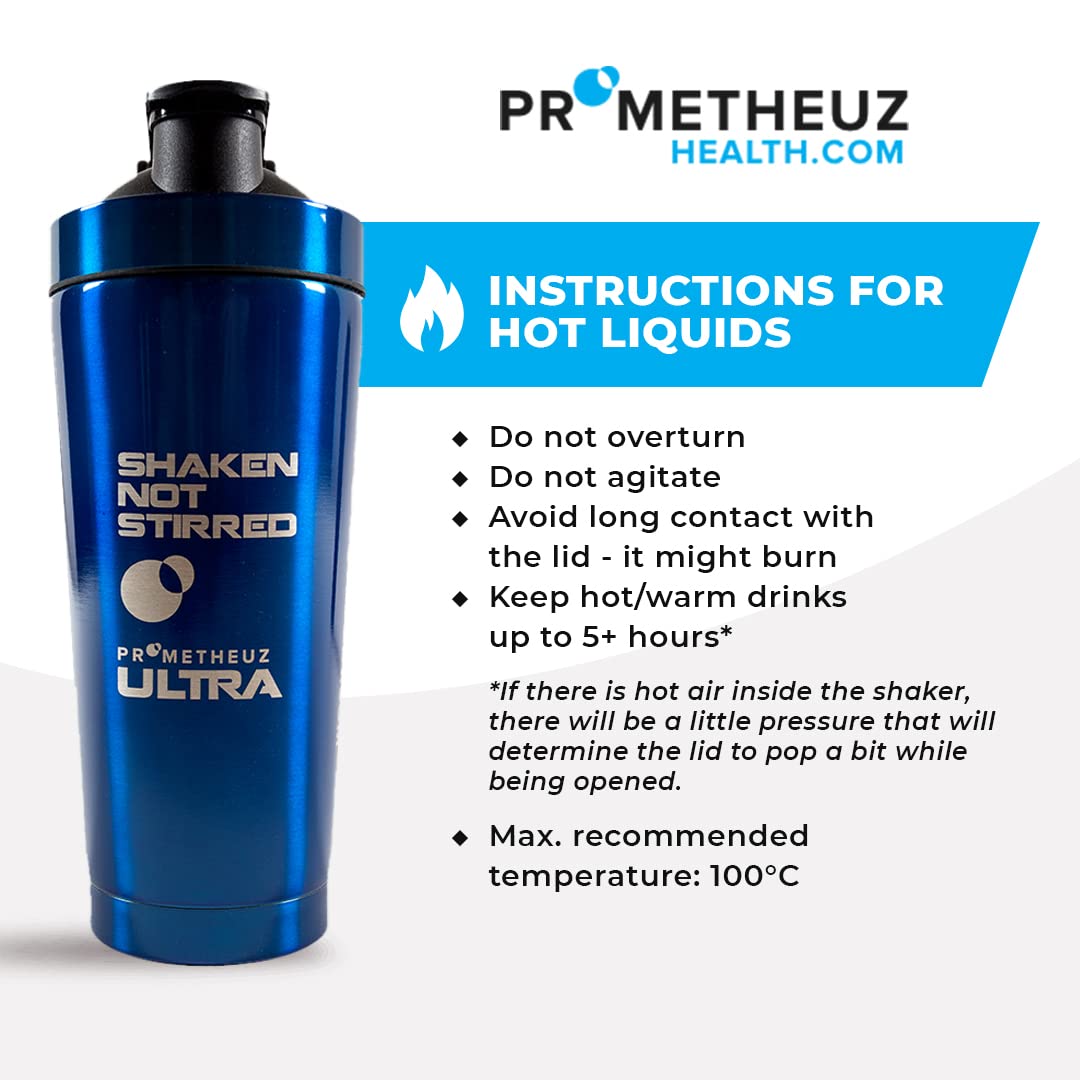 Prometheuz 24oz Stainless Steel Insulated Shaker Bottle with Wire Whisk, Double Walled Vacuum Perfect for Protein Shakes and Pre-Workout to Keeps Hot and Cold, Blue