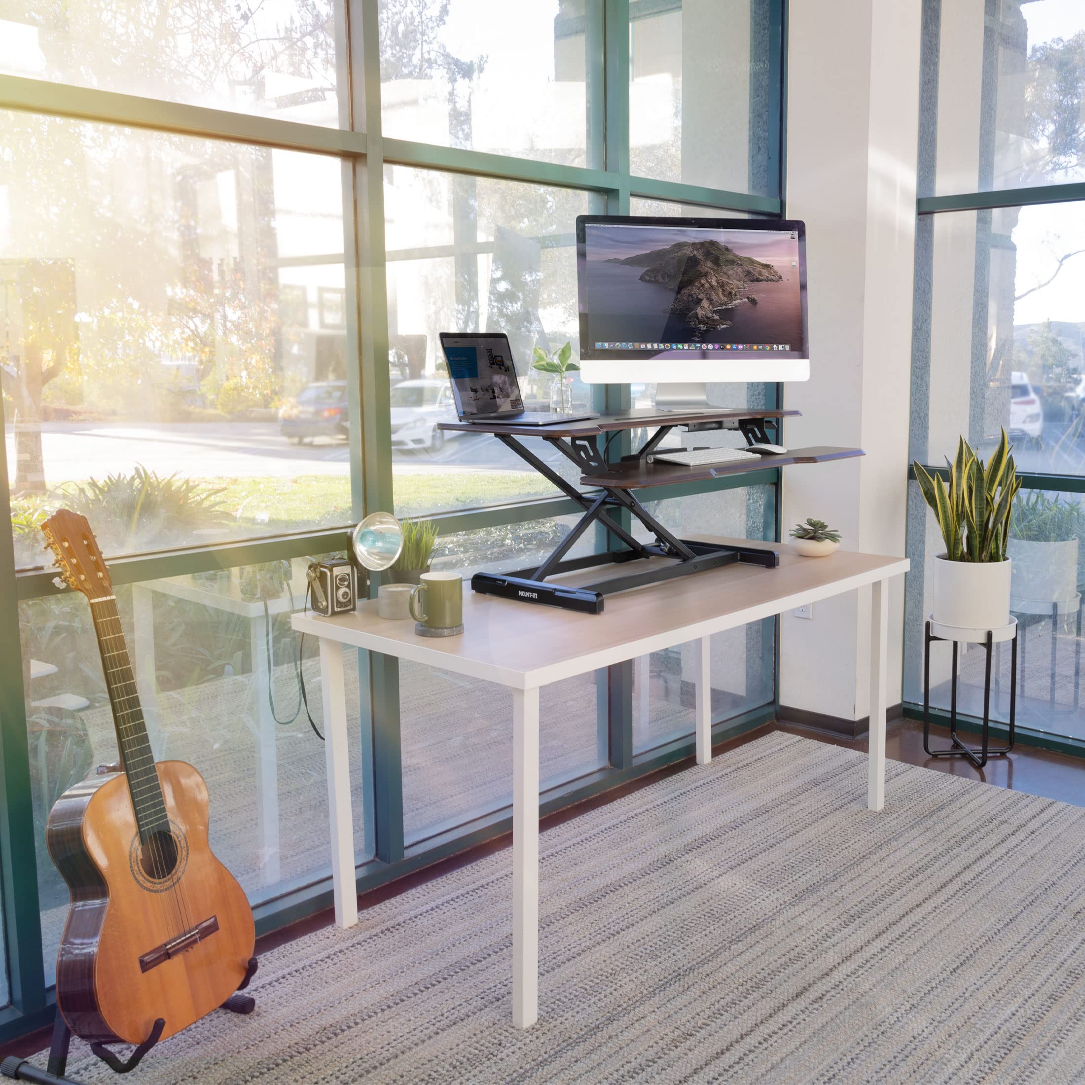 Mount-It! Height Adjustable Desk Converter, 38β Wide Tabletop Standing Desk Riser with Gas Spring Desktop Standing Desk with Keyboard Tray Fits Two Monitors, Dark Walnut