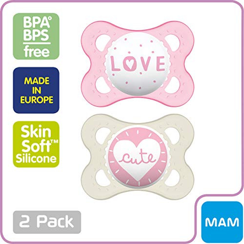MAM Original Baby Pacifier, Nipple Shape Helps Promote Healthy Oral Development, Sterilizer Case, Attitude/Girl, 0-6 (Pack of 2)